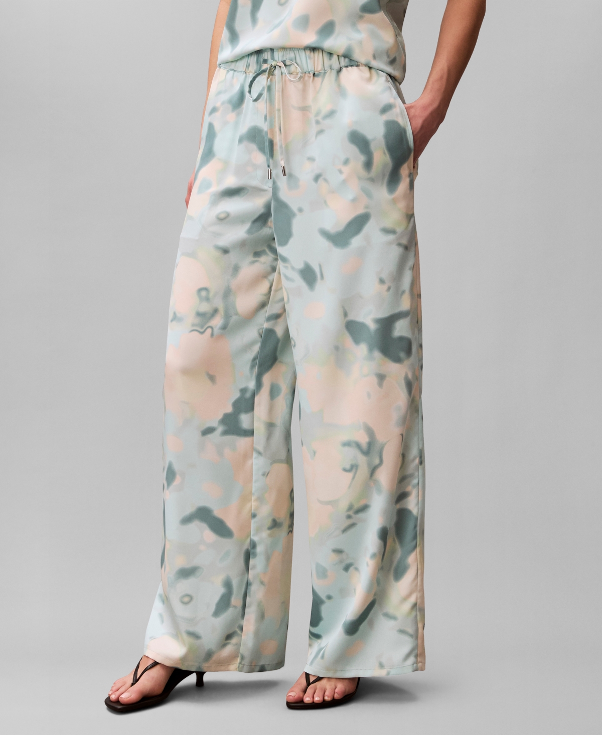 Calvin Klein Womens High-Rise Straight-Fit Wide-Leg Pull-On Pants - Pale Meadow Glowing Aura Print