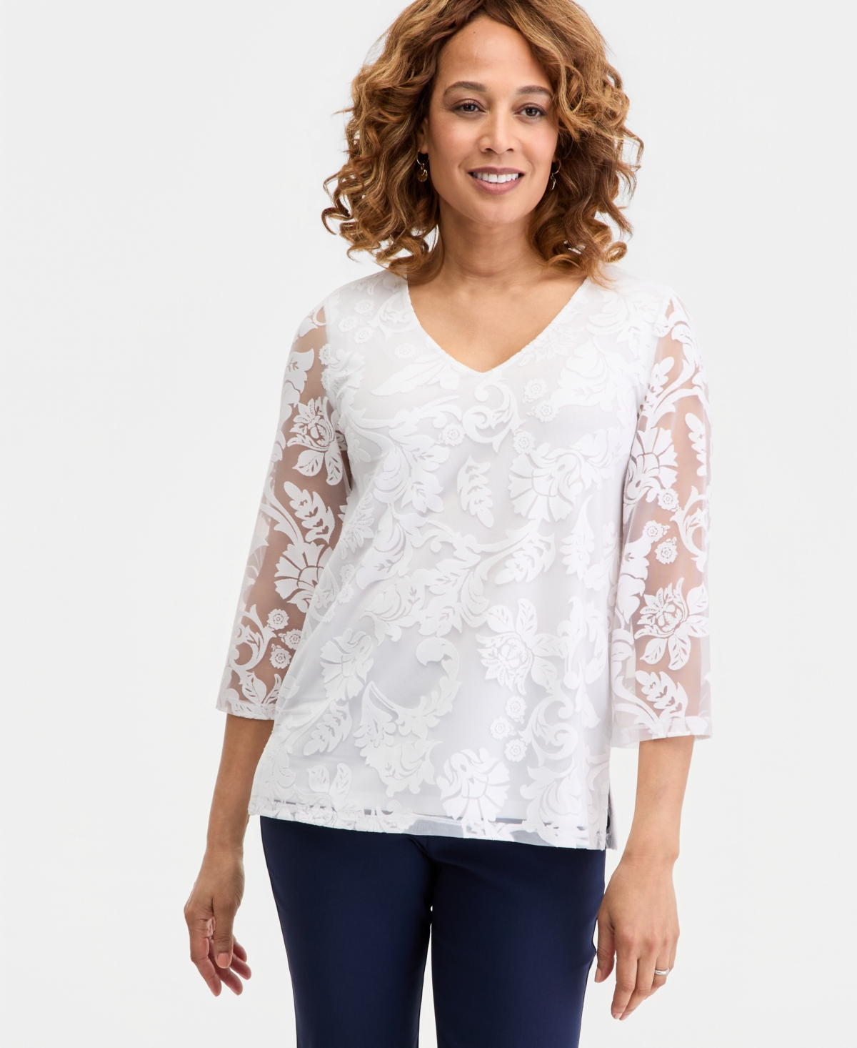 Click here for Jm Collection Womens 3/4 Sleeve Allover Burnout V-... prices