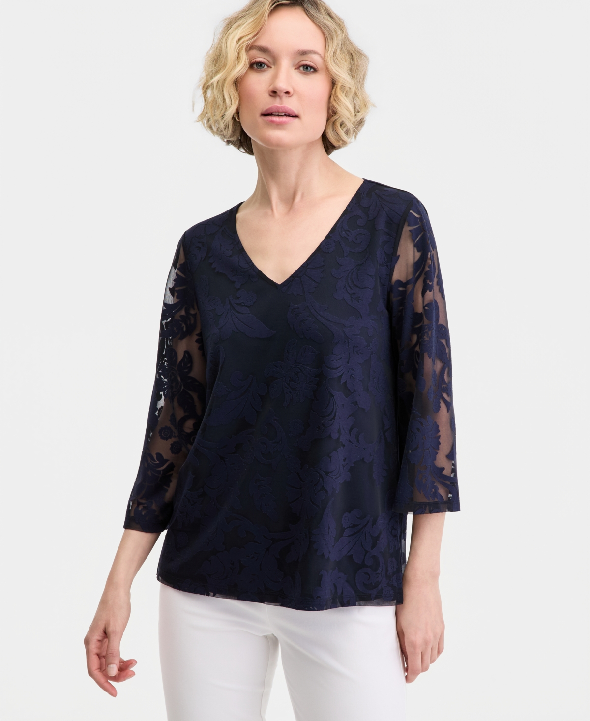 Click here for Jm Collection Womens 3/4 Sleeve Allover Burnout V-... prices