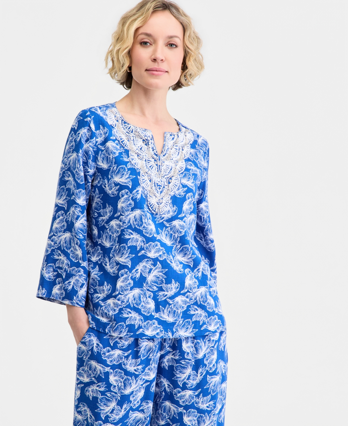 Click here for Jm Collection Womens Split-Neck Beaded Linen-Blend... prices