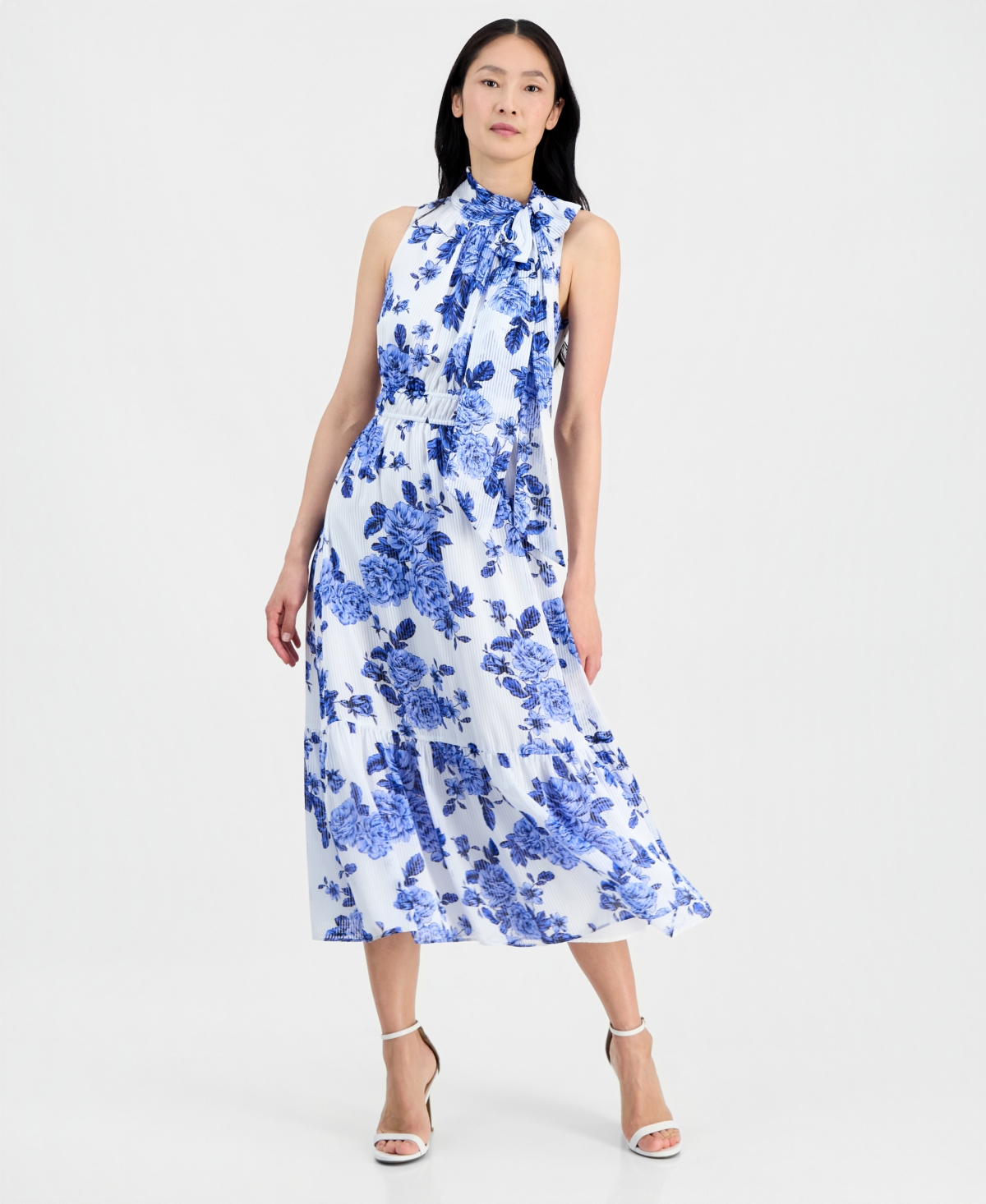 Click here for Anne Klein Womens Printed Tie-Neck Tiered Midi Dre... prices