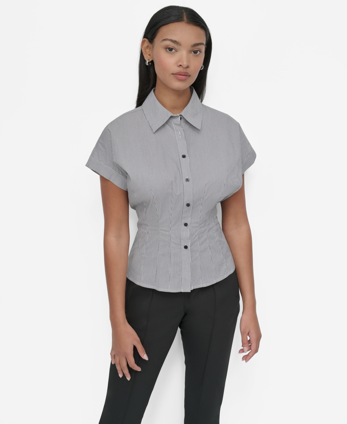 Click here for Dkny Petite Collared Cap-Sleeve Blouse - Blk/wht S... prices