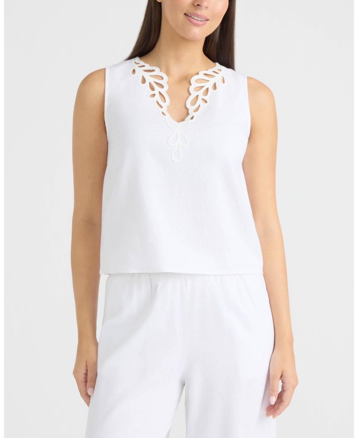 Click here for Ellen Tracy Womens Embroidered V-Neck Top - White prices