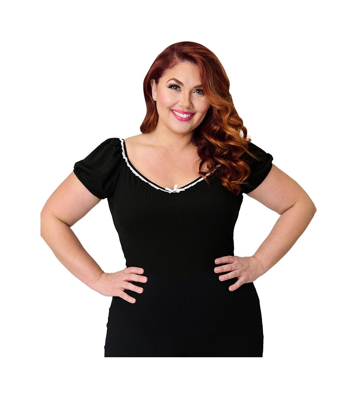 Click here for Unique Vintage Plus Size Sweetheart Knit Top - Bla... prices