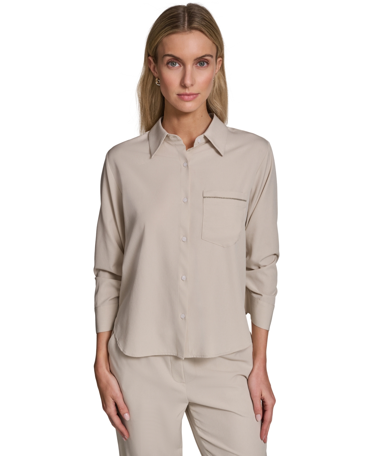 Click here for Calvin Klein Womens Button-Down Shirt - Stony Beig... prices
