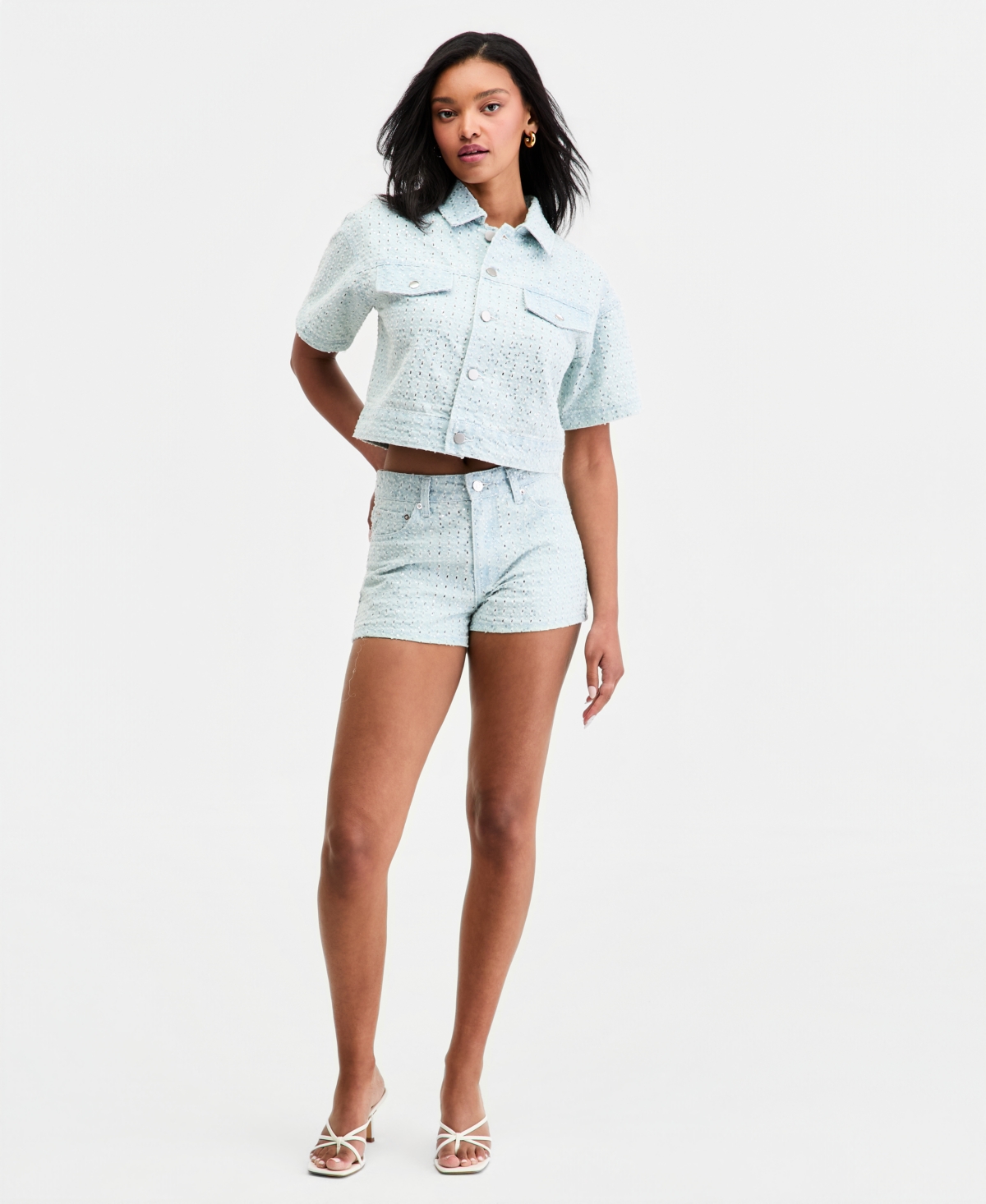 Click here for Bar Iii Womens Sequin Destructed Denim Shorts  Mac... prices