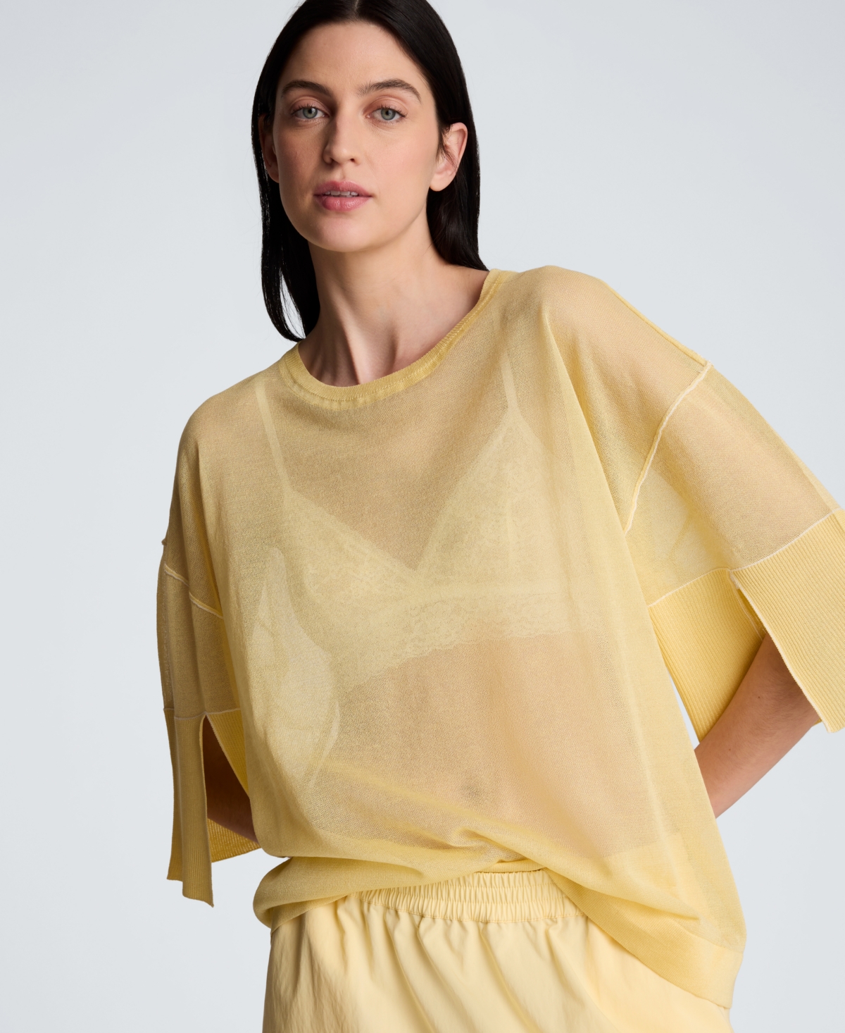 Click here for Kenneth Cole Womens Semi-Sheer Crewneck Slit-Sleev... prices