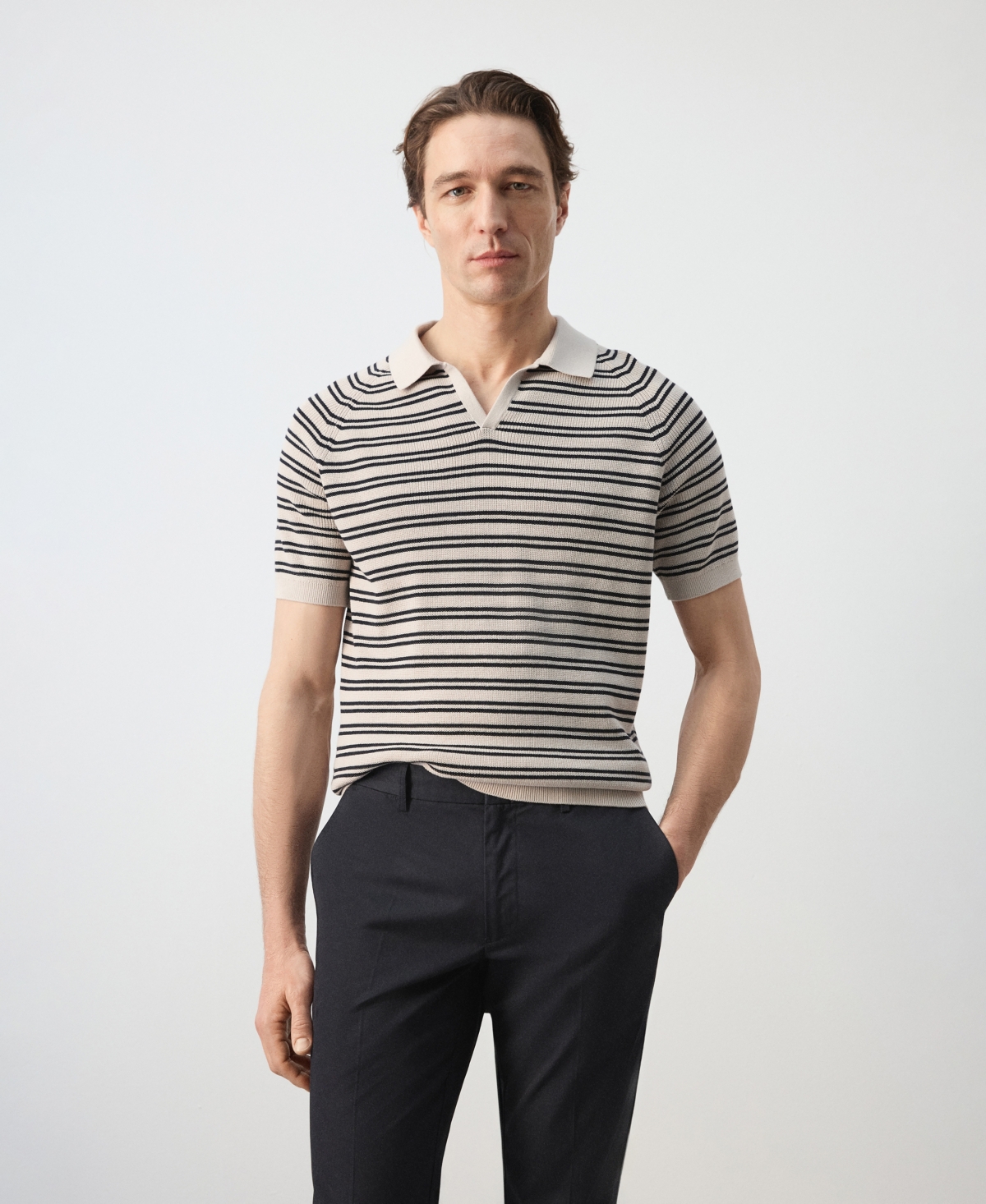 Click here for Mango Mens Cotton Striped Knit Polo Shirt - Beige prices