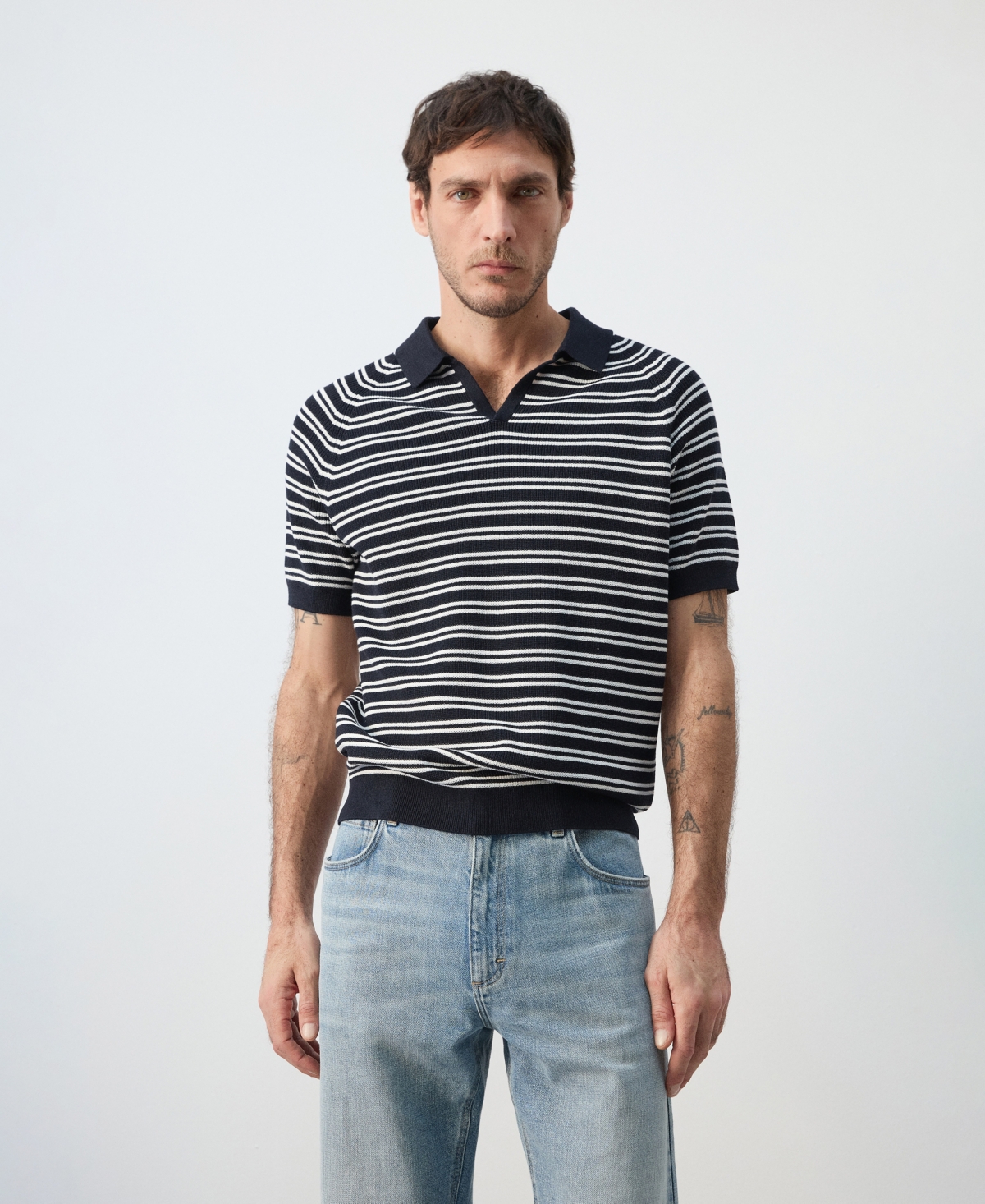 Click here for Mango Mens Cotton Striped Knit Polo Shirt - Navy prices