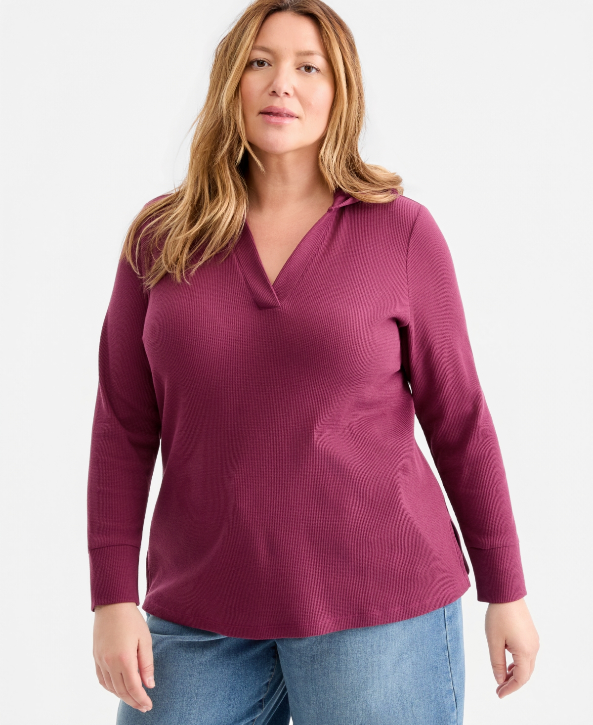 Click here for Style & Co Plus Size Long-Sleeve V-Neck Waffle-Kni... prices