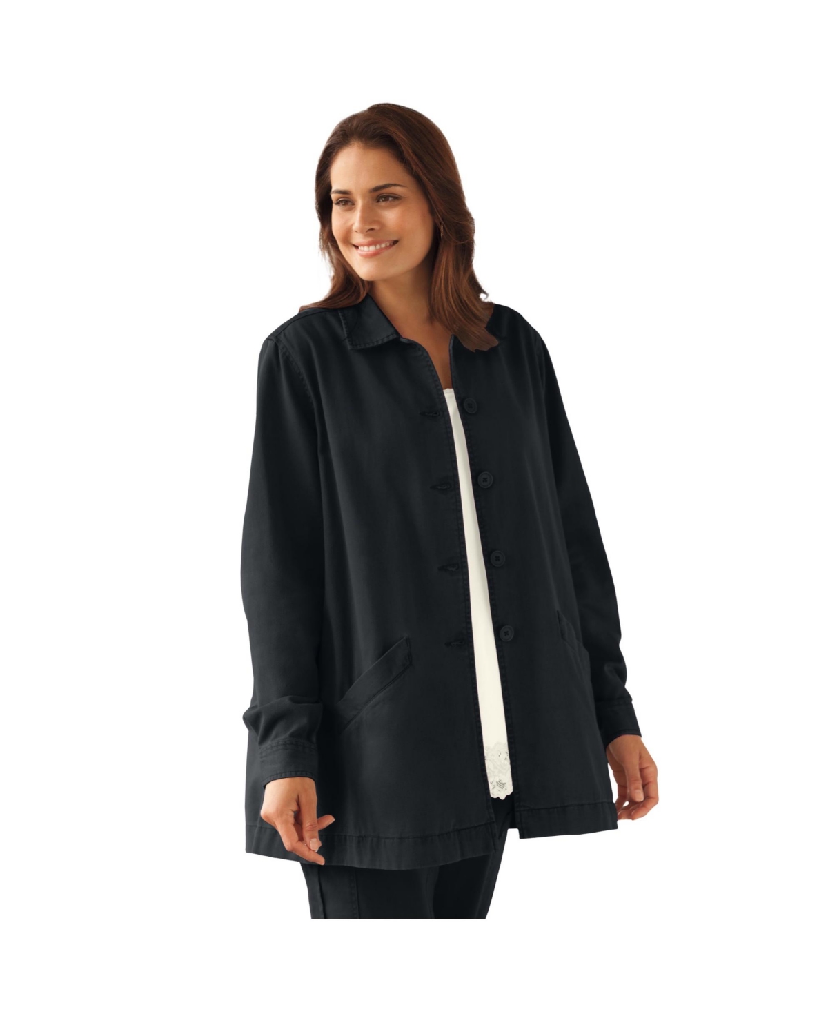 Click here for Woman Within Plus Size Within Pleat-Back Denim Jac... prices