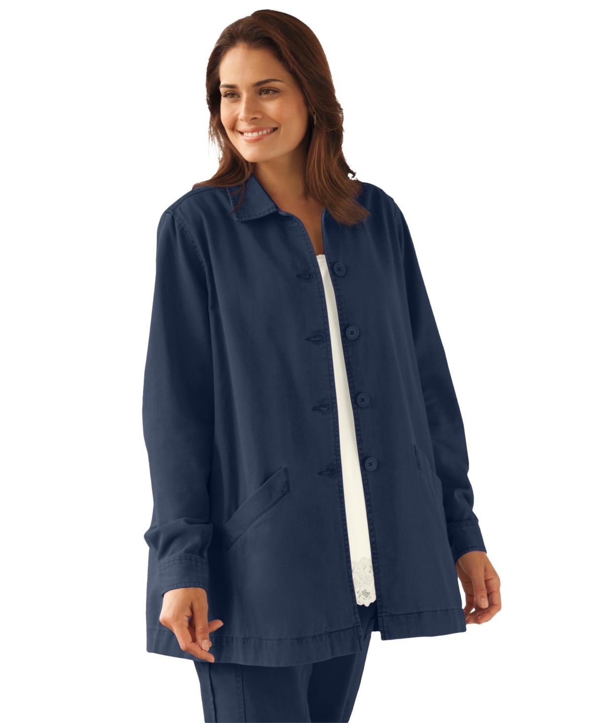 Click here for Woman Within Plus Size Within Pleat-Back Denim Jac... prices