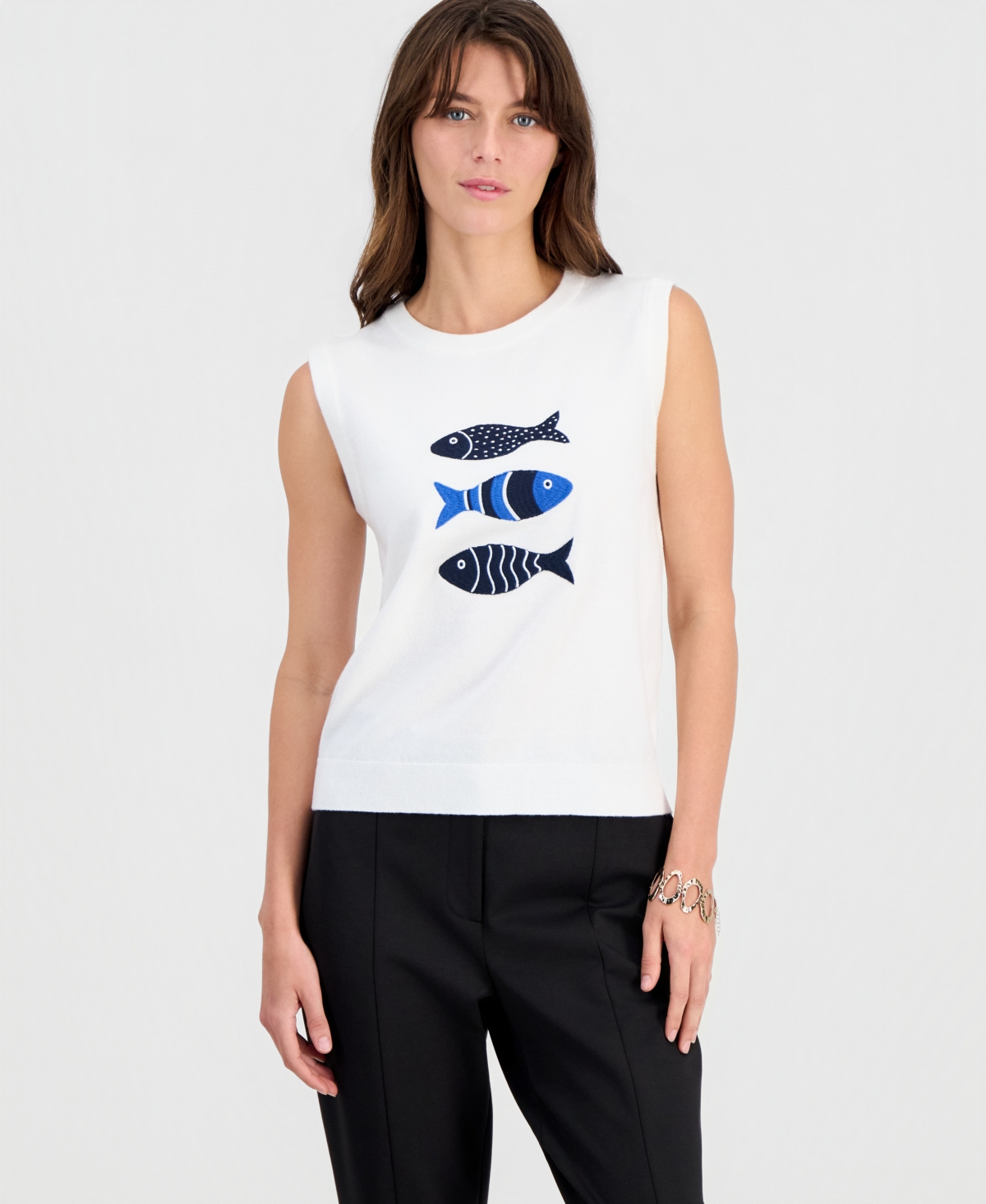 Click here for T Tahari Womens Fish-Embroidery Sleeveless Crewnec... prices