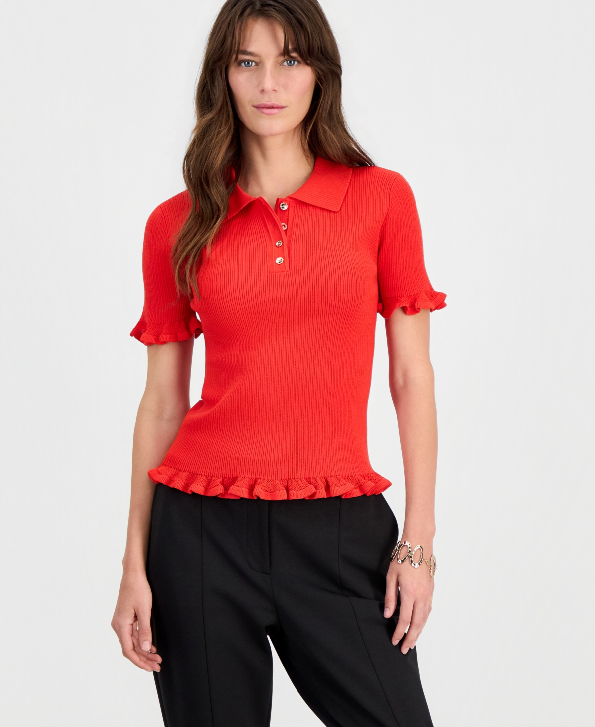 Click here for T Tahari Womens Half-Placket Ribbed Ruffle-Trim To... prices