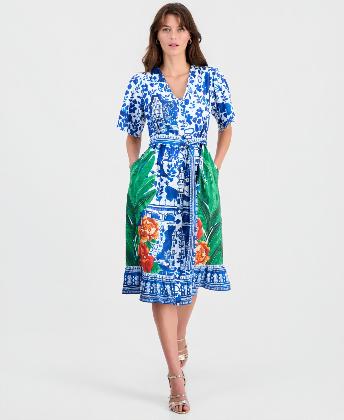 Click here for T Tahari Womens Printed Elbow-Sleeve V-Neck Midi D... prices
