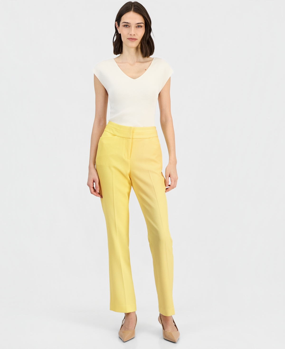 Tahari Asl Womens Flat-Front Straight-Leg Pants - Buttercup