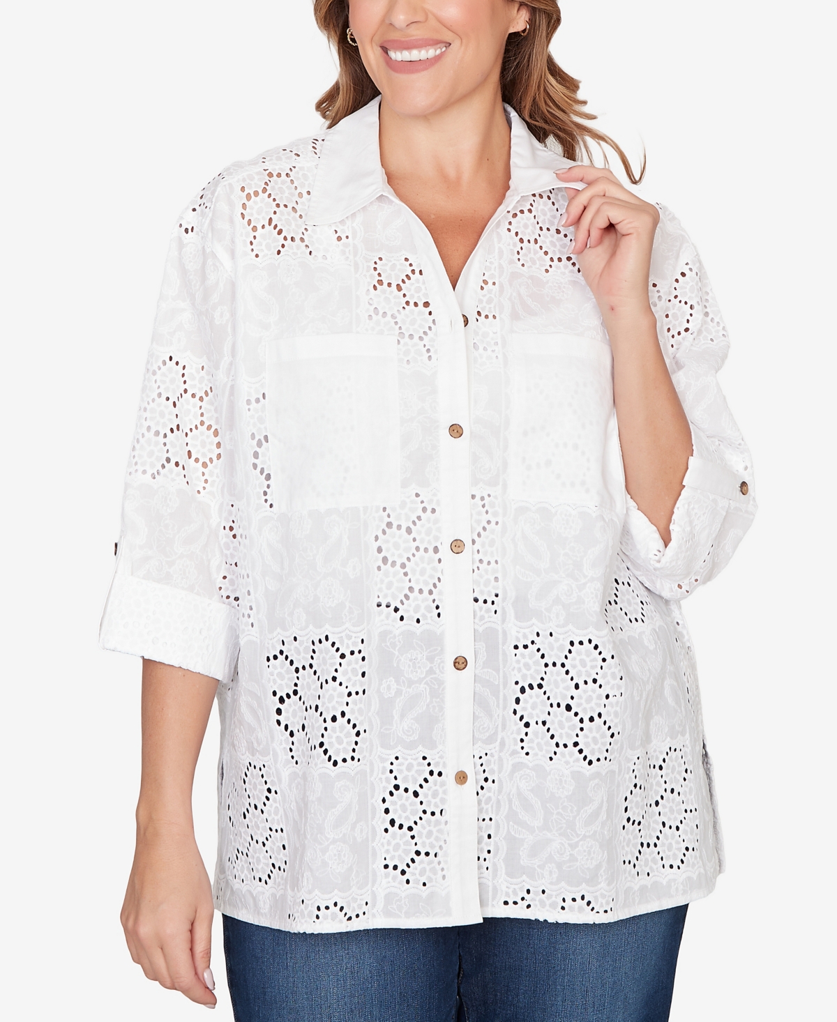 Click here for Ruby Rd. Plus Size Patchwork Eyelet Roll-Tab Sleev... prices