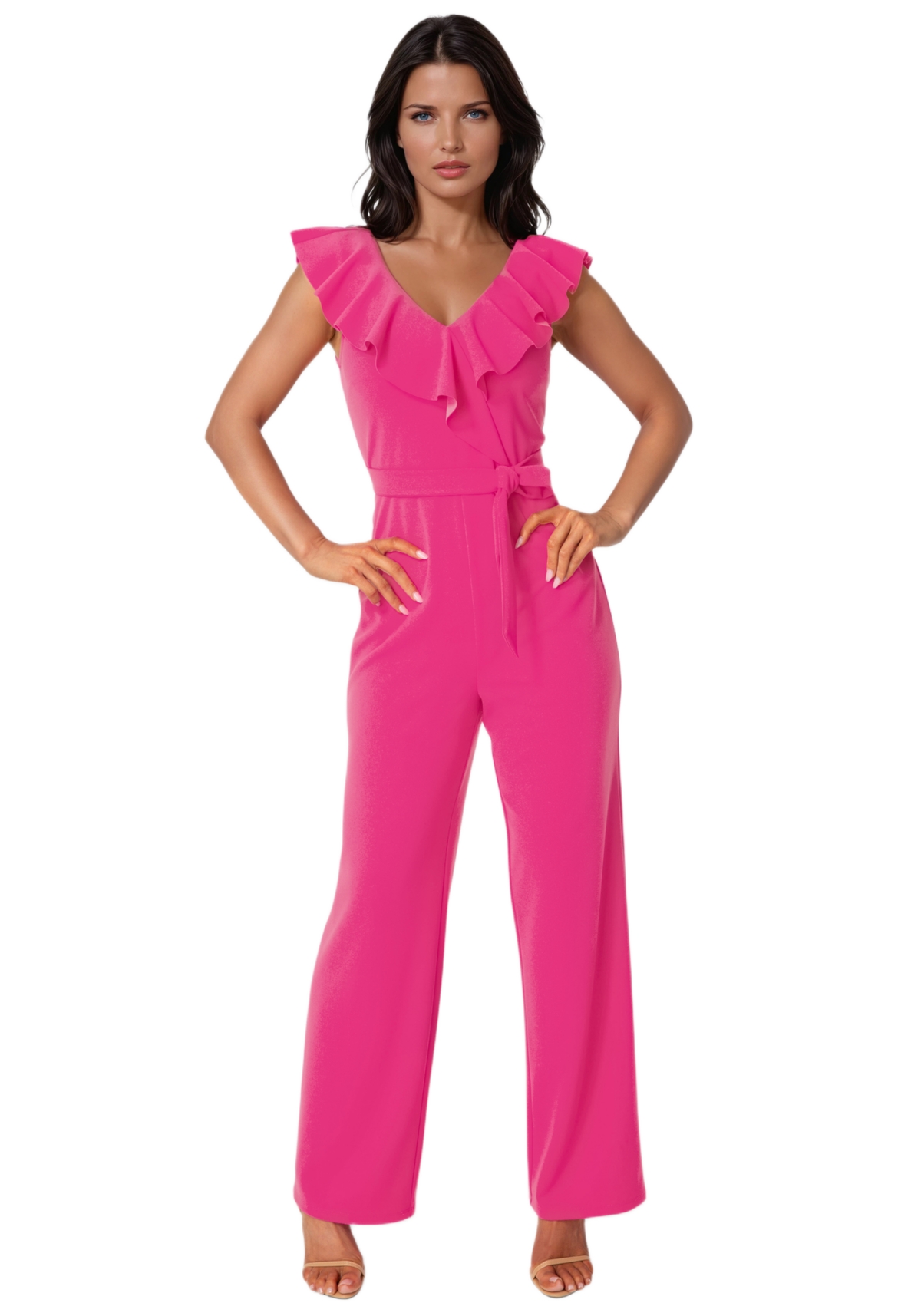 Click here for Bebe Womens V-Neck Ruffle Scuba Crepe Jumpsuit - F... prices