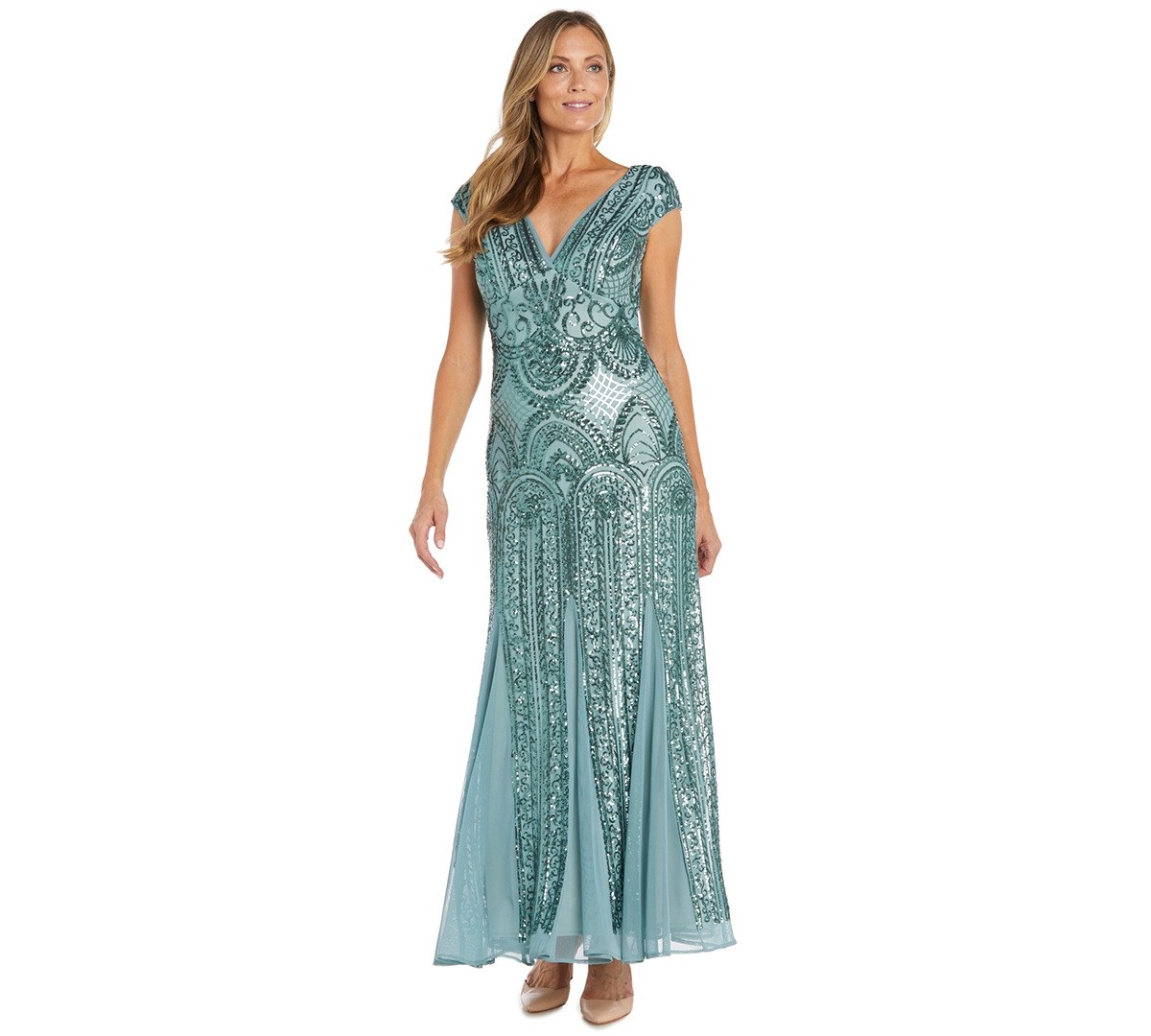 Click here for R & M Richards Petite Beaded Maxi Dress - Seafoam prices