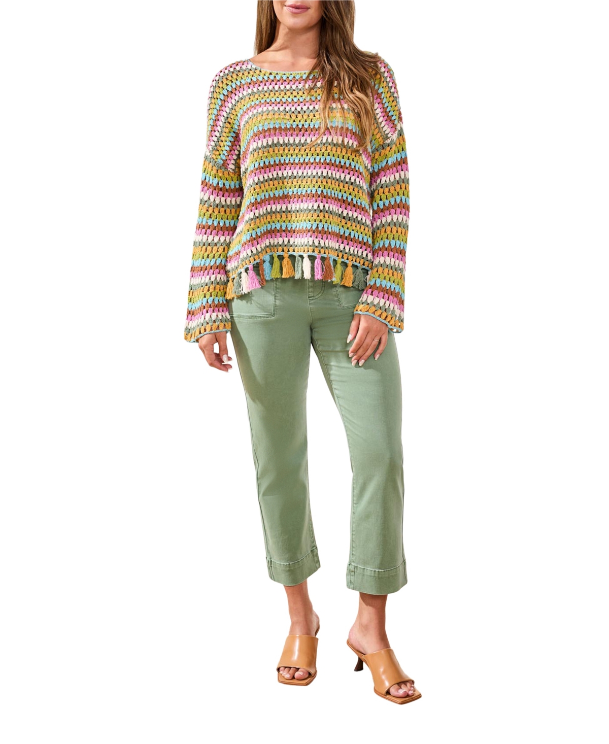 Click here for Tribal Womens Stripe Bell-Sleeve Sweater - Aqua Sk... prices
