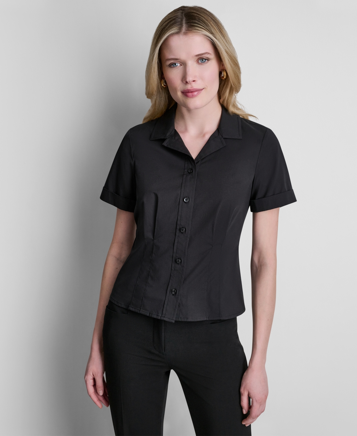 Click here for Dkny Petite Short-Sleeve Collared Blouse - Black prices