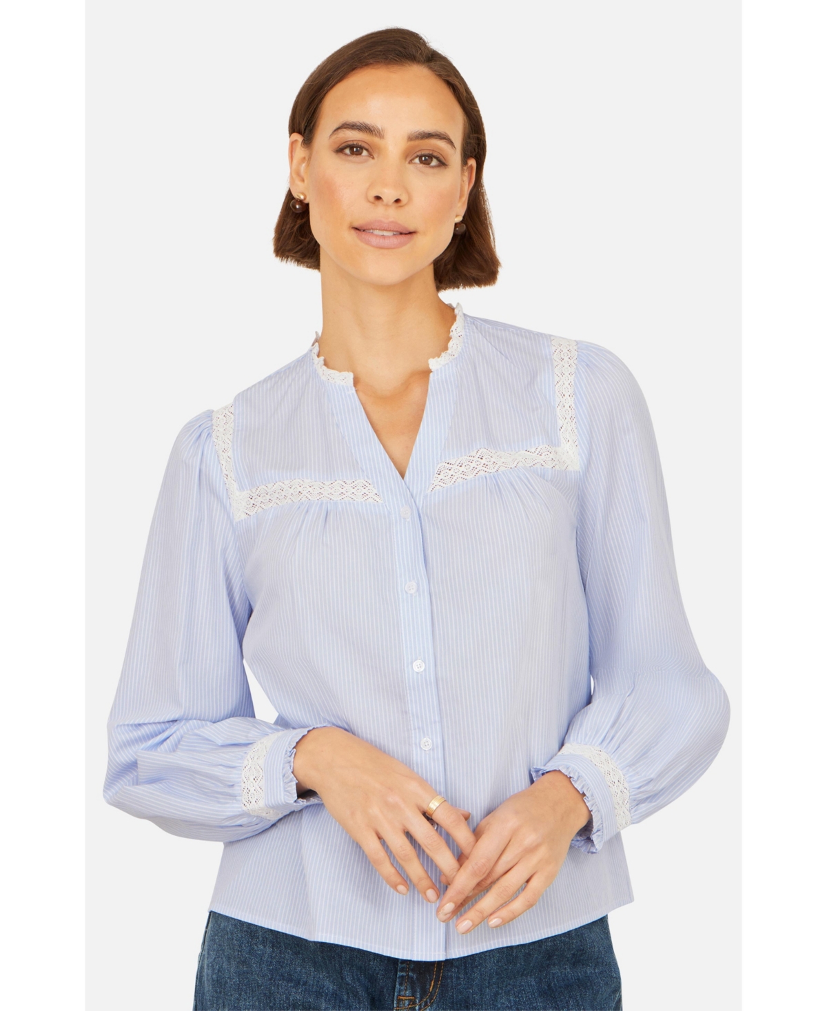 Click here for Yumi Womens Stripe Shirt With Lace Detail - Blue prices