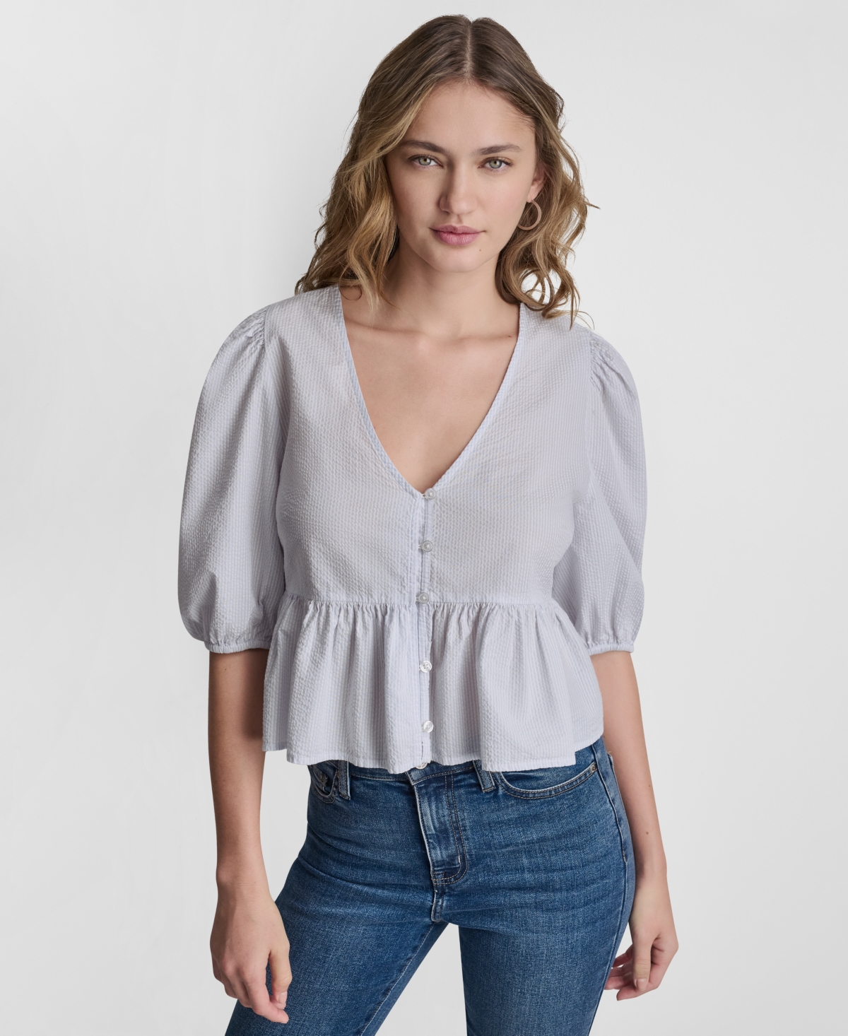 Click here for Dkny Jeans Petite Puff-Sleeve V-Neck Top - Frost B... prices