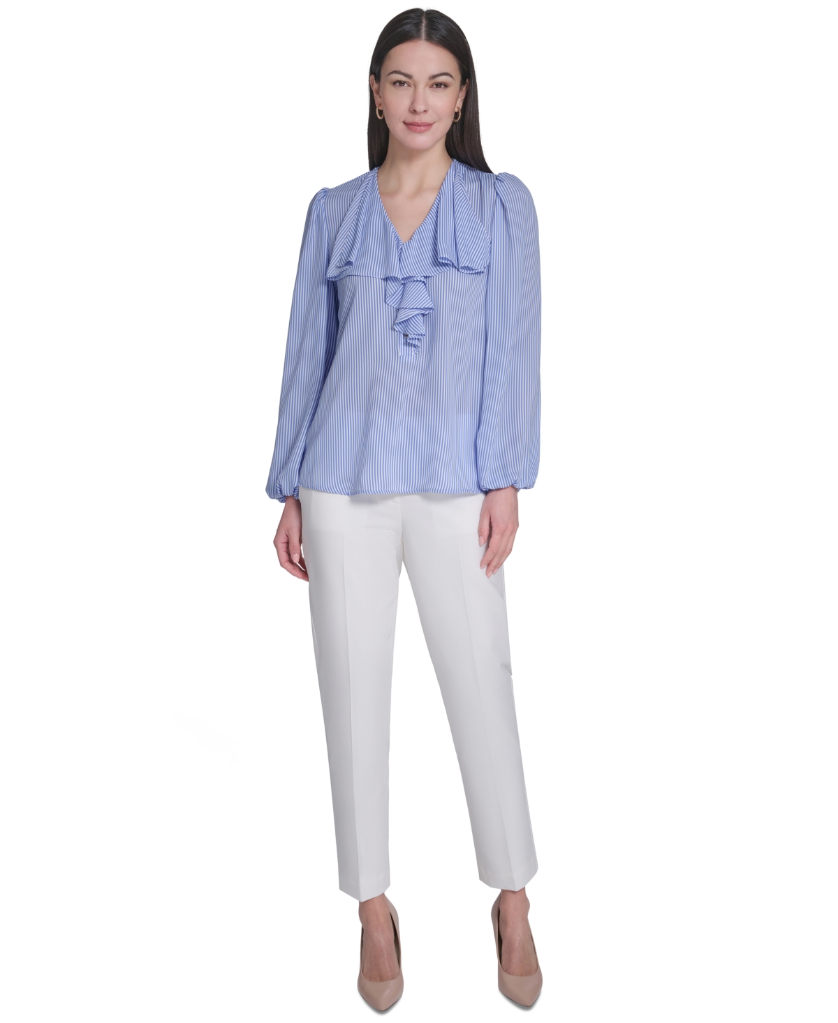 Click here for Tommy Hilfiger Womens V-Neck Striped Ruffle Blouse... prices