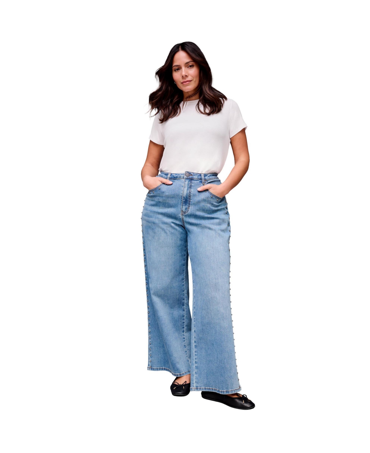 Click here for Avenue Womens Plus Size Studded Wide Leg Jean - Li... prices