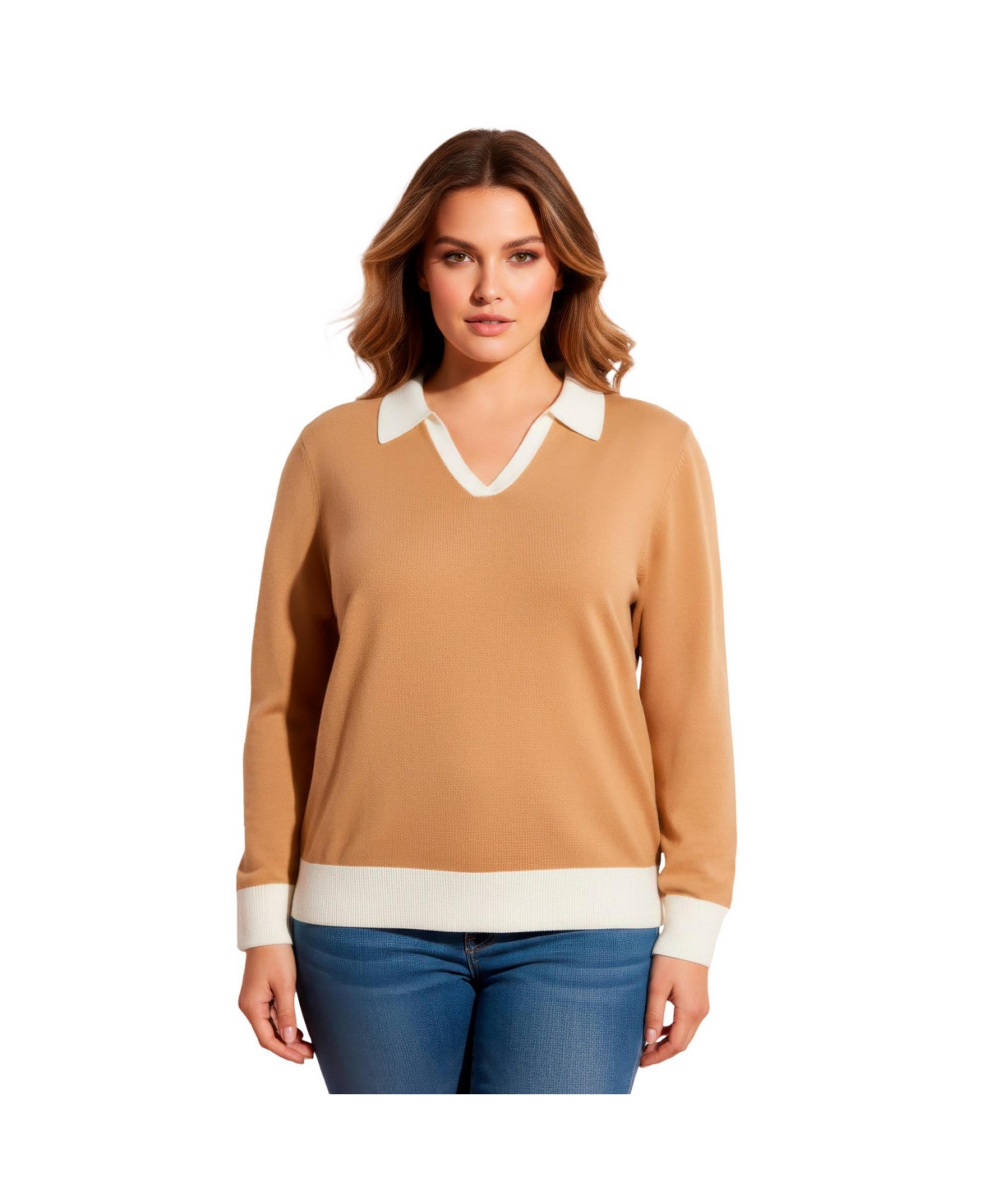 Click here for Avenue Plus Size Color Block Polo Sweater - Camel... prices