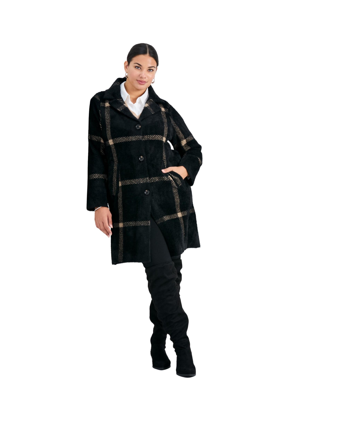 Click here for Avenue Plus Size Gigi Check Sweater Coat - Black c... prices
