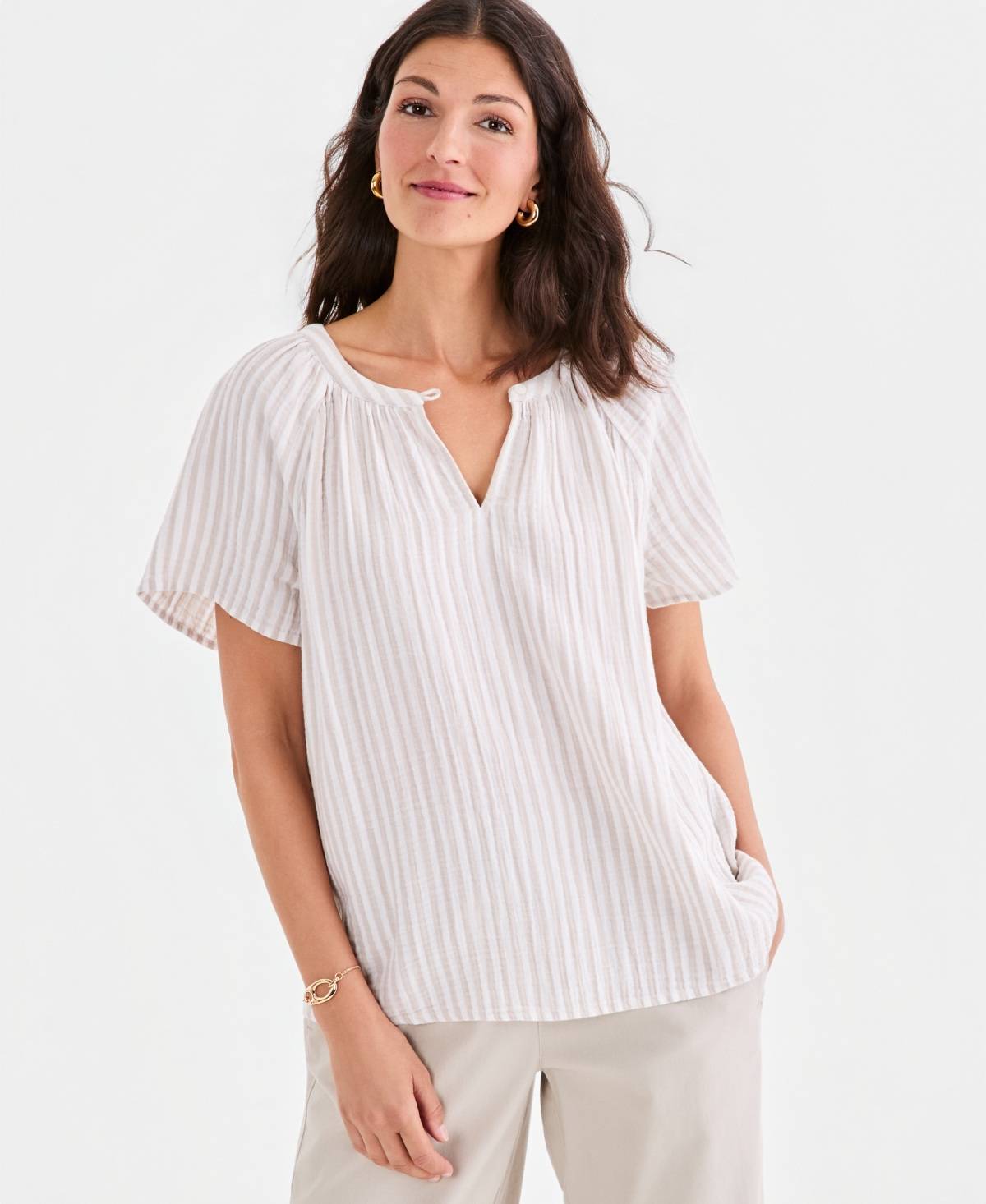 Click here for Style & Co Womens Striped Gauze Flutter-Sleeve Top... prices