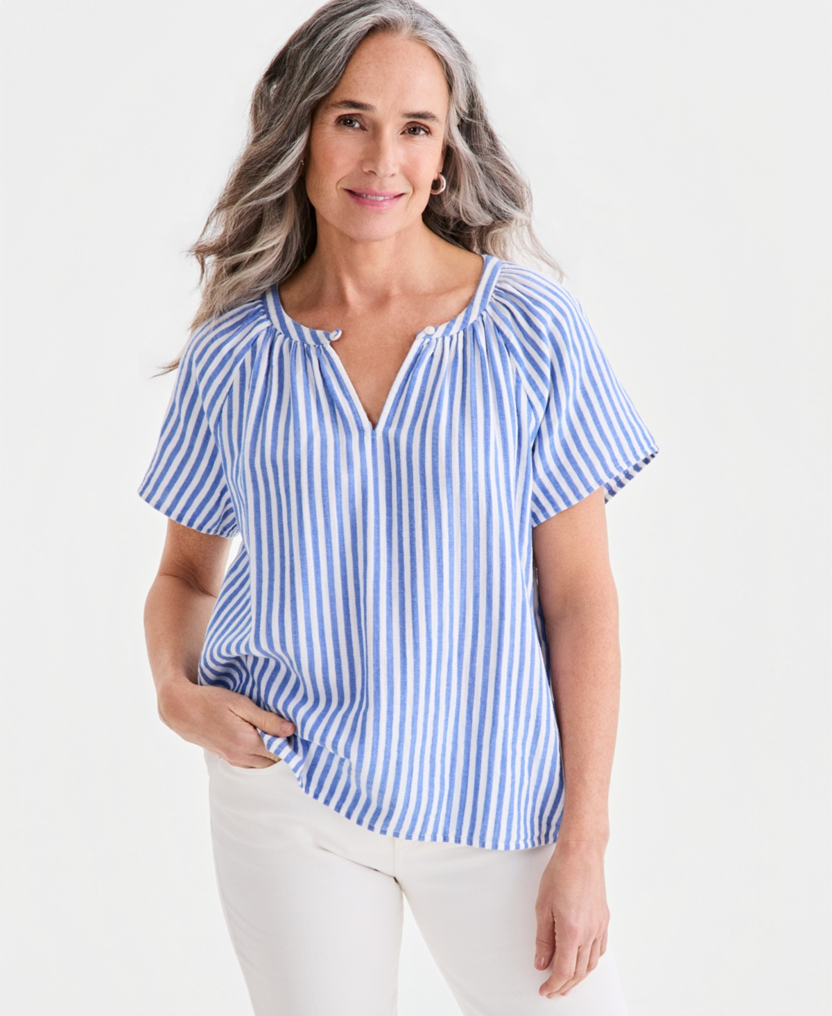 Click here for Style & Co Womens Striped Gauze Flutter-Sleeve Top... prices