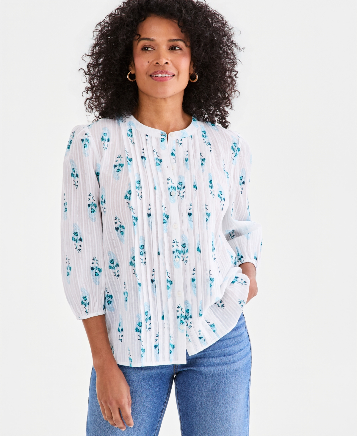 Click here for Style & Co Womens Cotton Pintuck-Front 3/4-Sleeve... prices