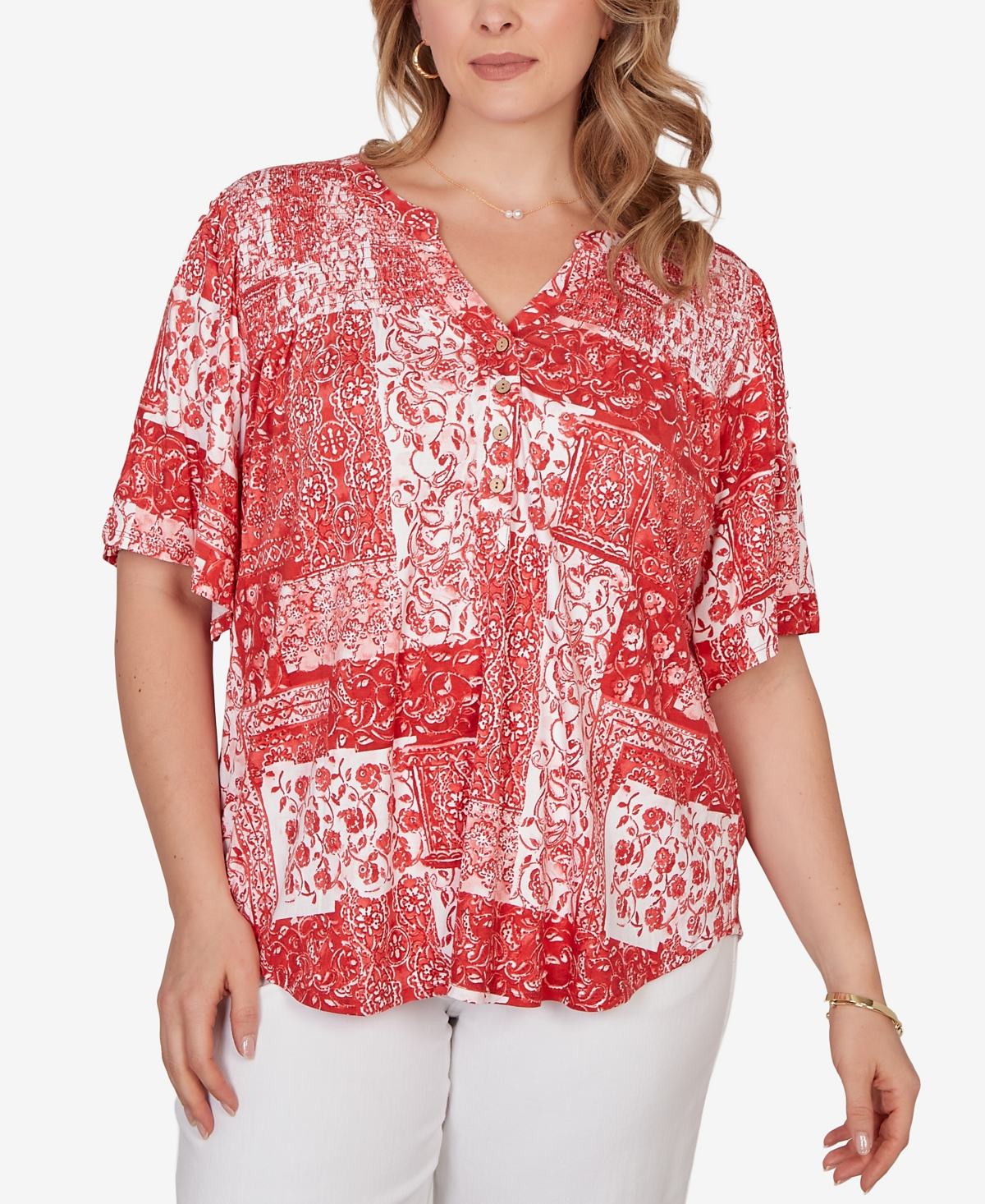 Click here for Ruby Rd. Plus Size Patchwork Bandana Henley T-Shir... prices