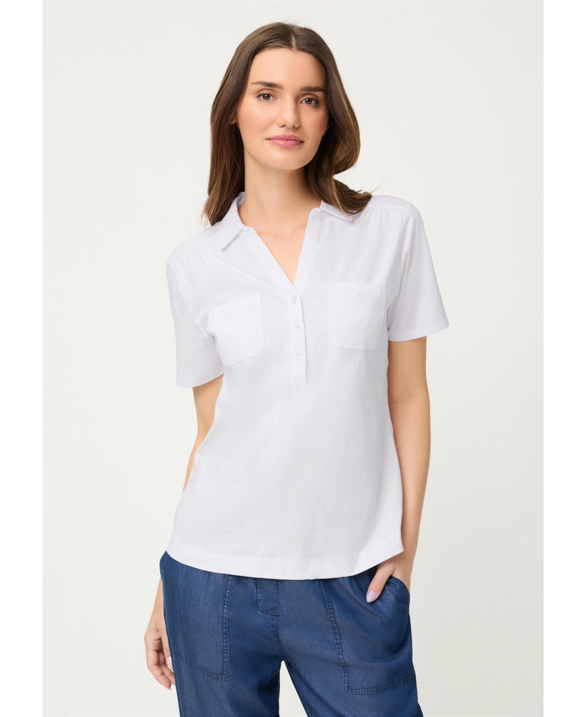 Click here for Olsen Womens Embroidered Polo Henley T-Shirt - Whi... prices
