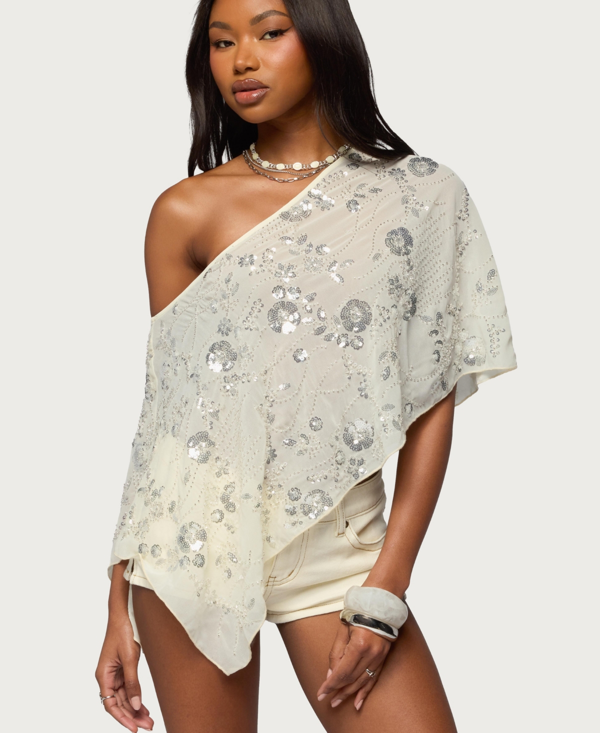 Click here for Edikted Womens Triana Bead and Sequin Chiffon Ponc... prices