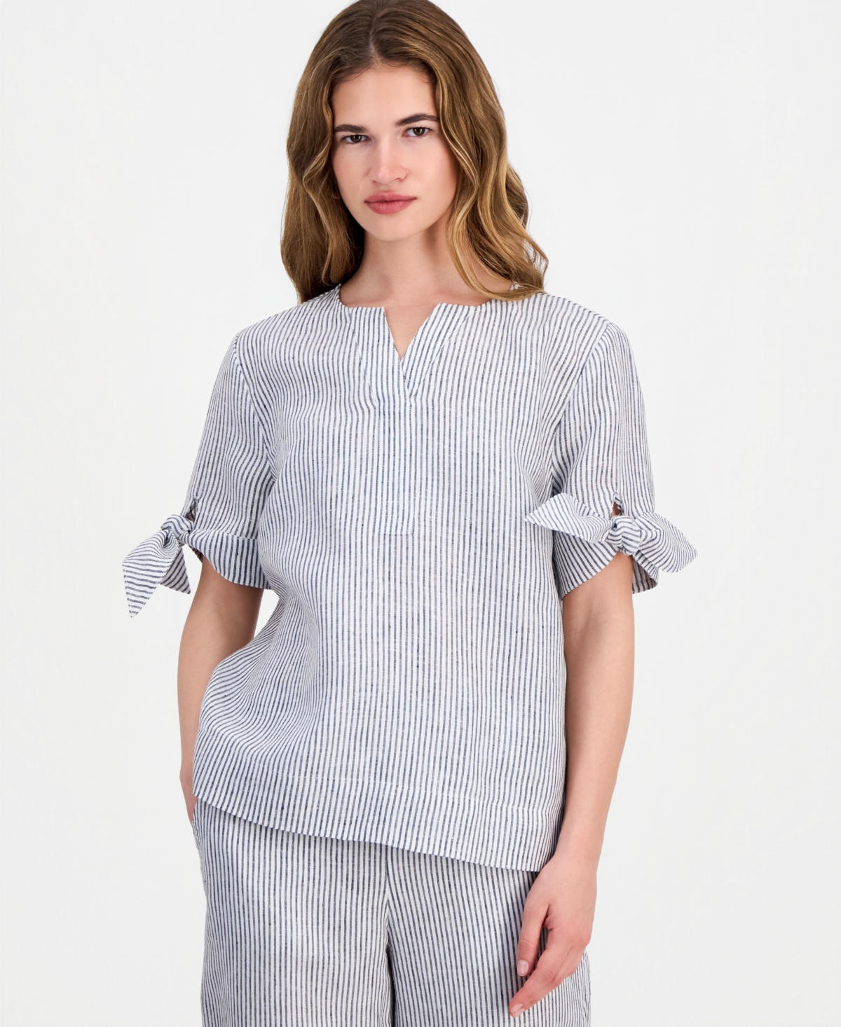 Click here for Charter Club Petite Beach Stripe Tie Sleeve Linen... prices