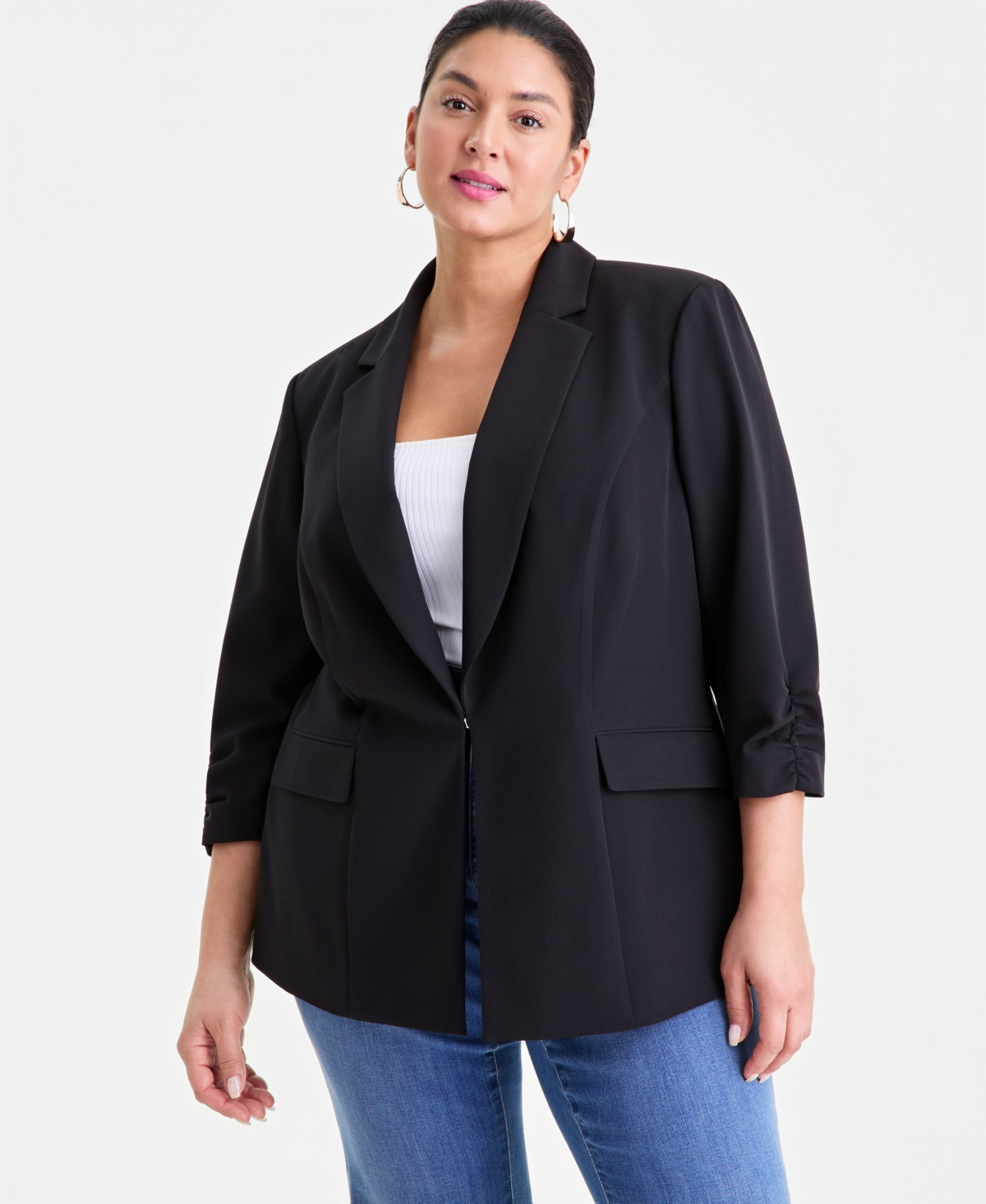 I.n.c. International Concepts Plus Size Kiss-Front 3/4-Sleeve Blazer  Macys Exclusive - Deep Black