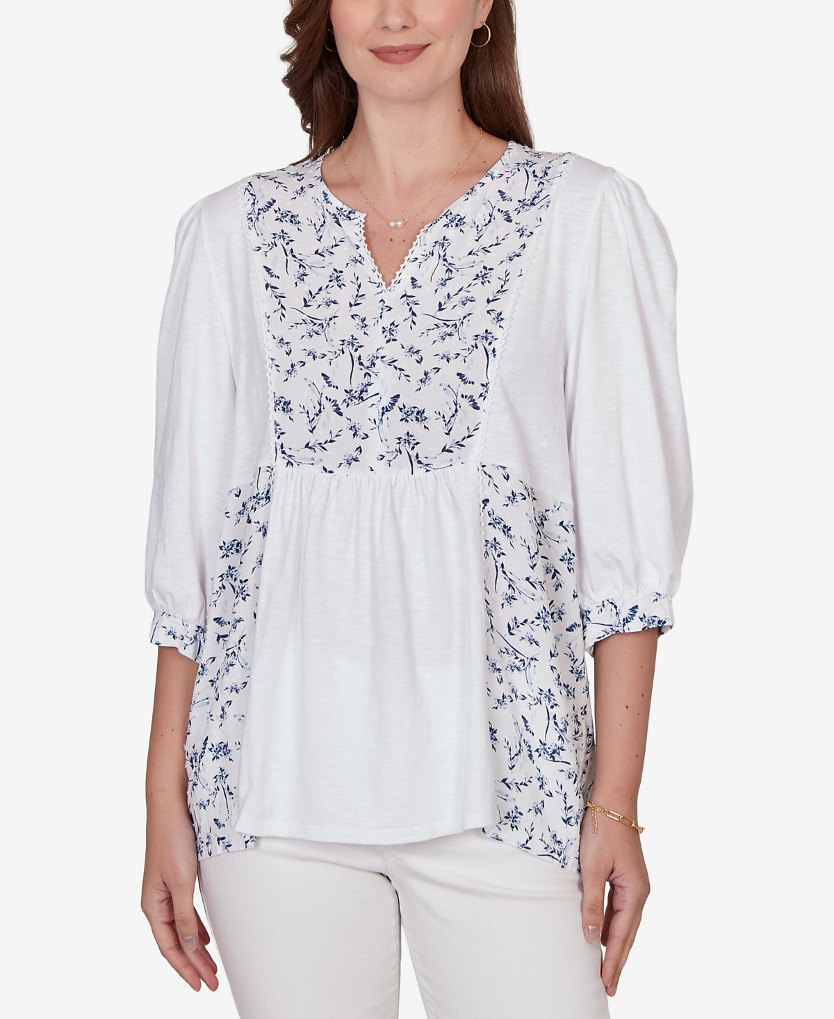 Click here for Ruby Rd. Petite Mixed Fabric Sharkbite Knit Top -... prices