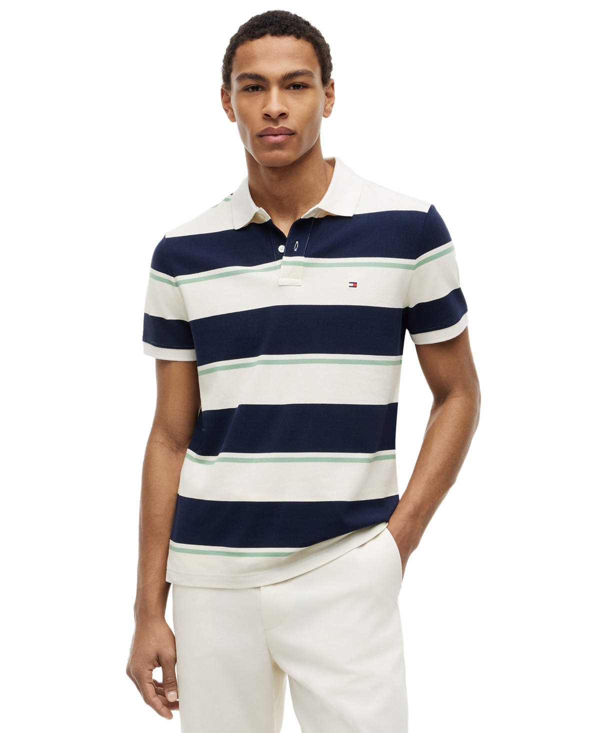 Click here for Tommy Hilfiger Mens Stripe Polo Shirt - Carbon Nav... prices