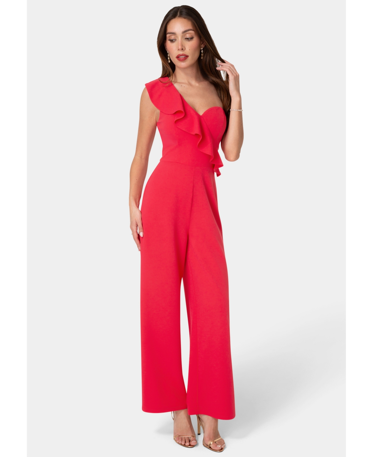 Click here for Bebe Womens One Shoulder Ruffle Jumpsuit - Fuchsia prices