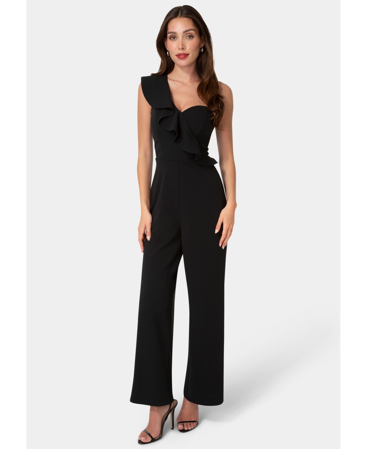 Click here for Bebe Womens One Shoulder Ruffle Jumpsuit - Black prices
