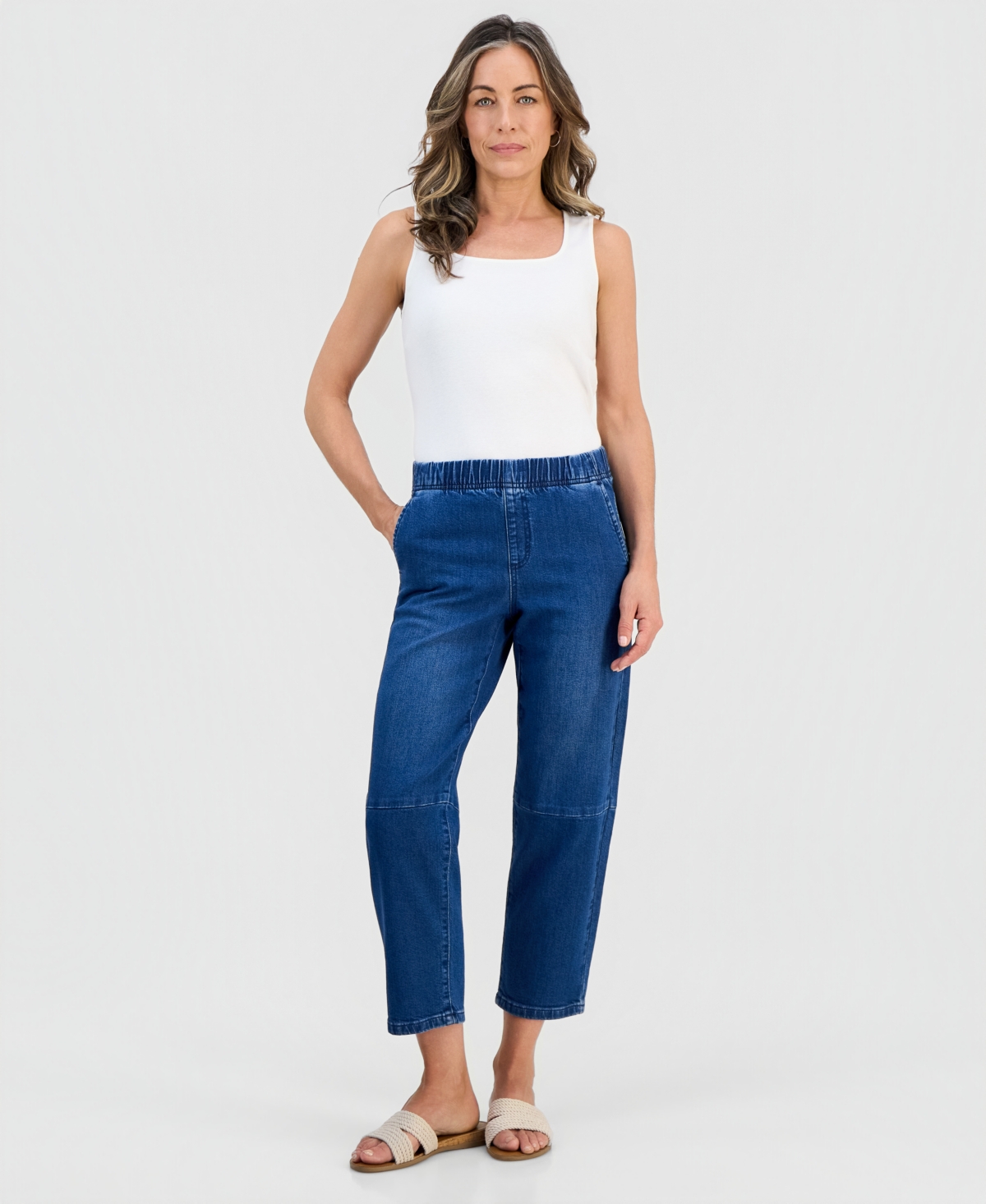 Click here for Style & Co Petite High-Rise Pull-On Barrel-Leg Jea... prices