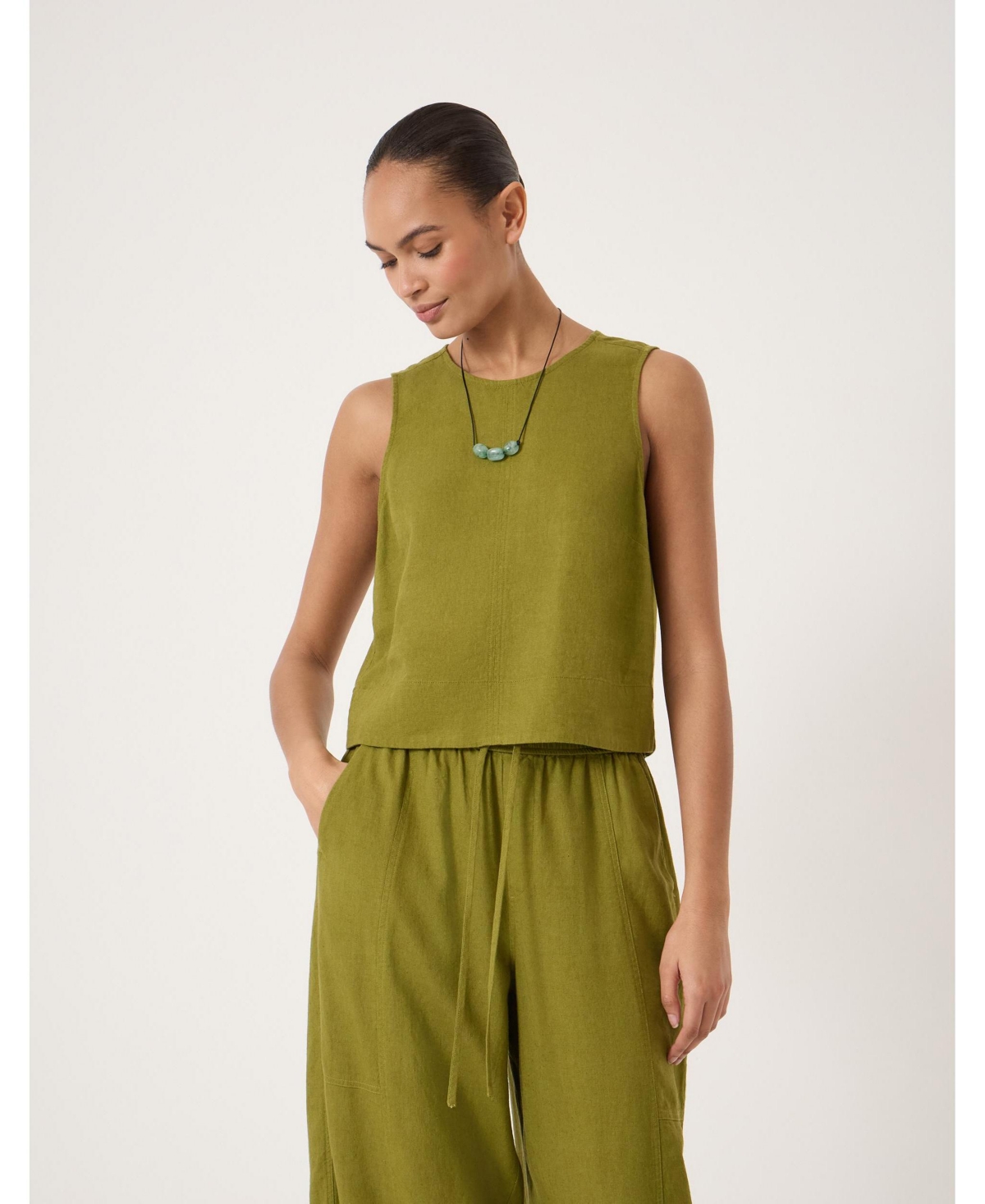 Click here for Hush Womens Vera Linen Blend Shell Top - Olive gre... prices