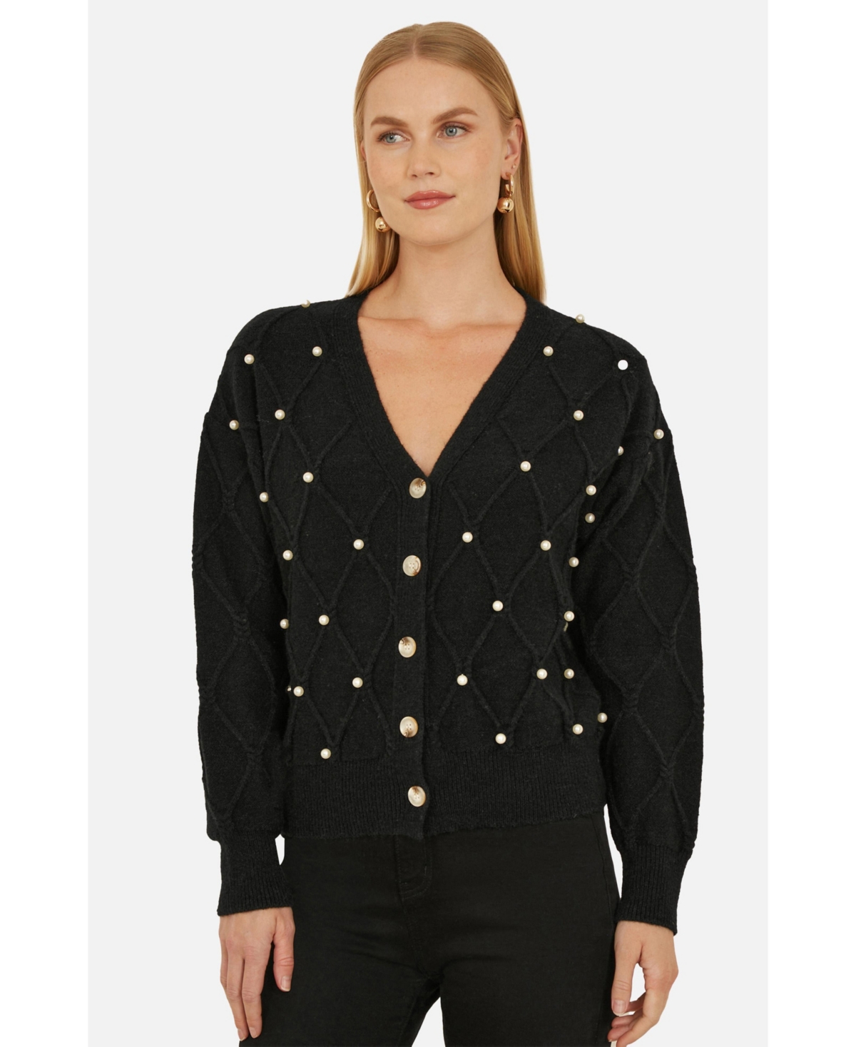 Click here for Yumi Womens Beaded Cable Knit Cardigan - Black prices