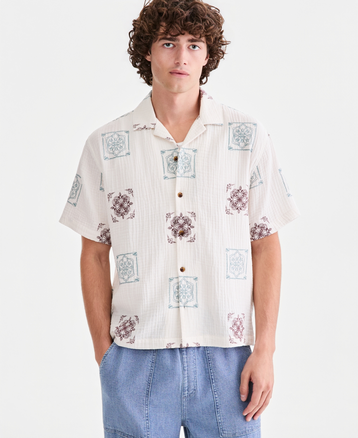 Click here for Sun + Stone Mens Cotton Embroidered Relaxed Camp S... prices