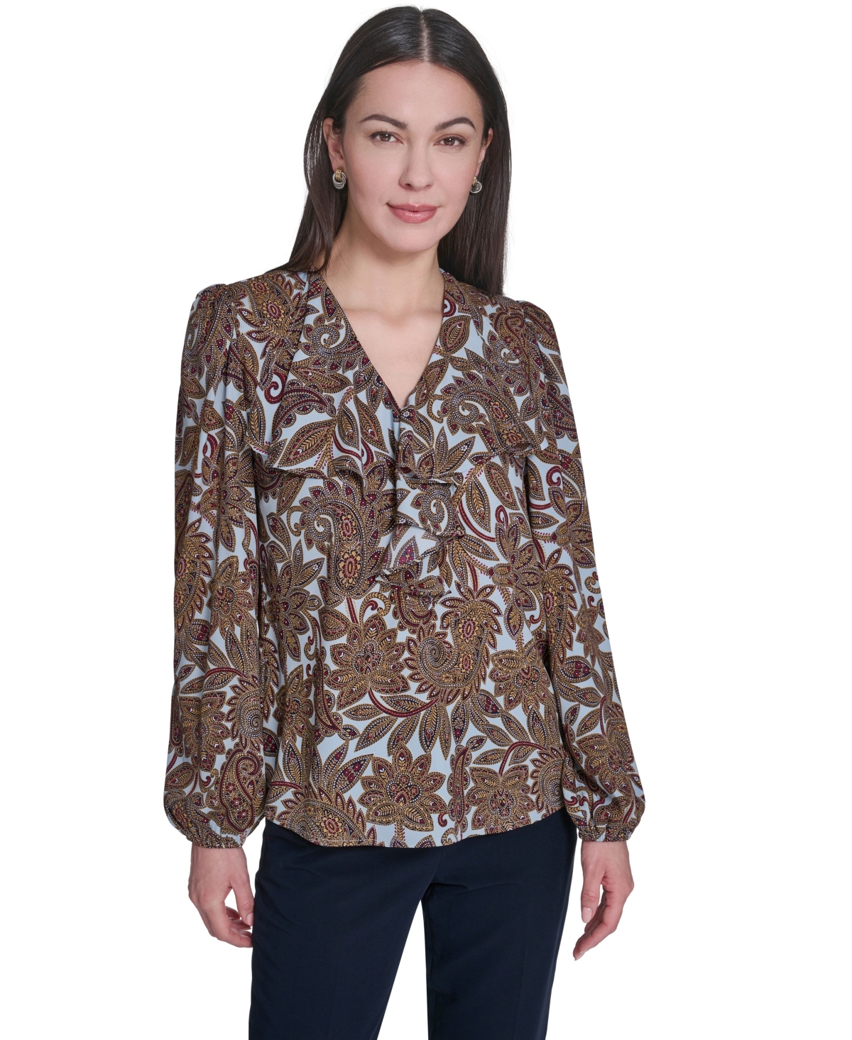 Click here for Tommy Hilfiger Womens V-Neck Long-Sleeve Ruffle Bl... prices