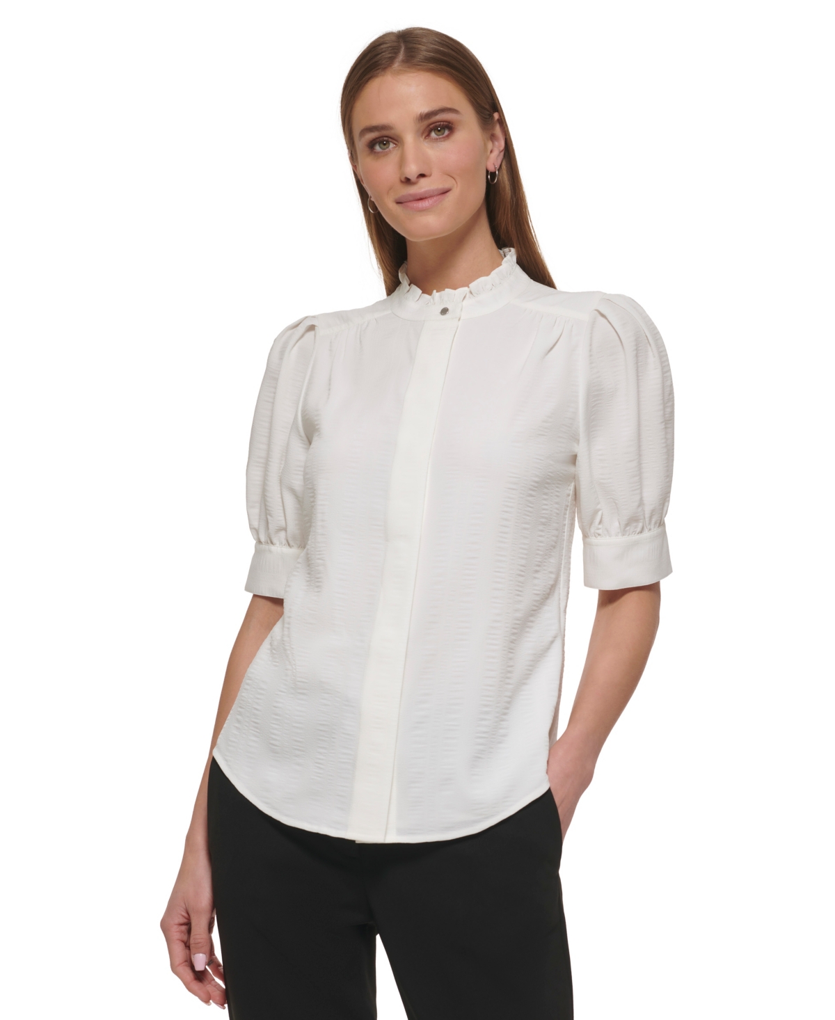 Click here for Dkny Petite Mock Neck Ruffle-Sleeve Blouse - Linen... prices