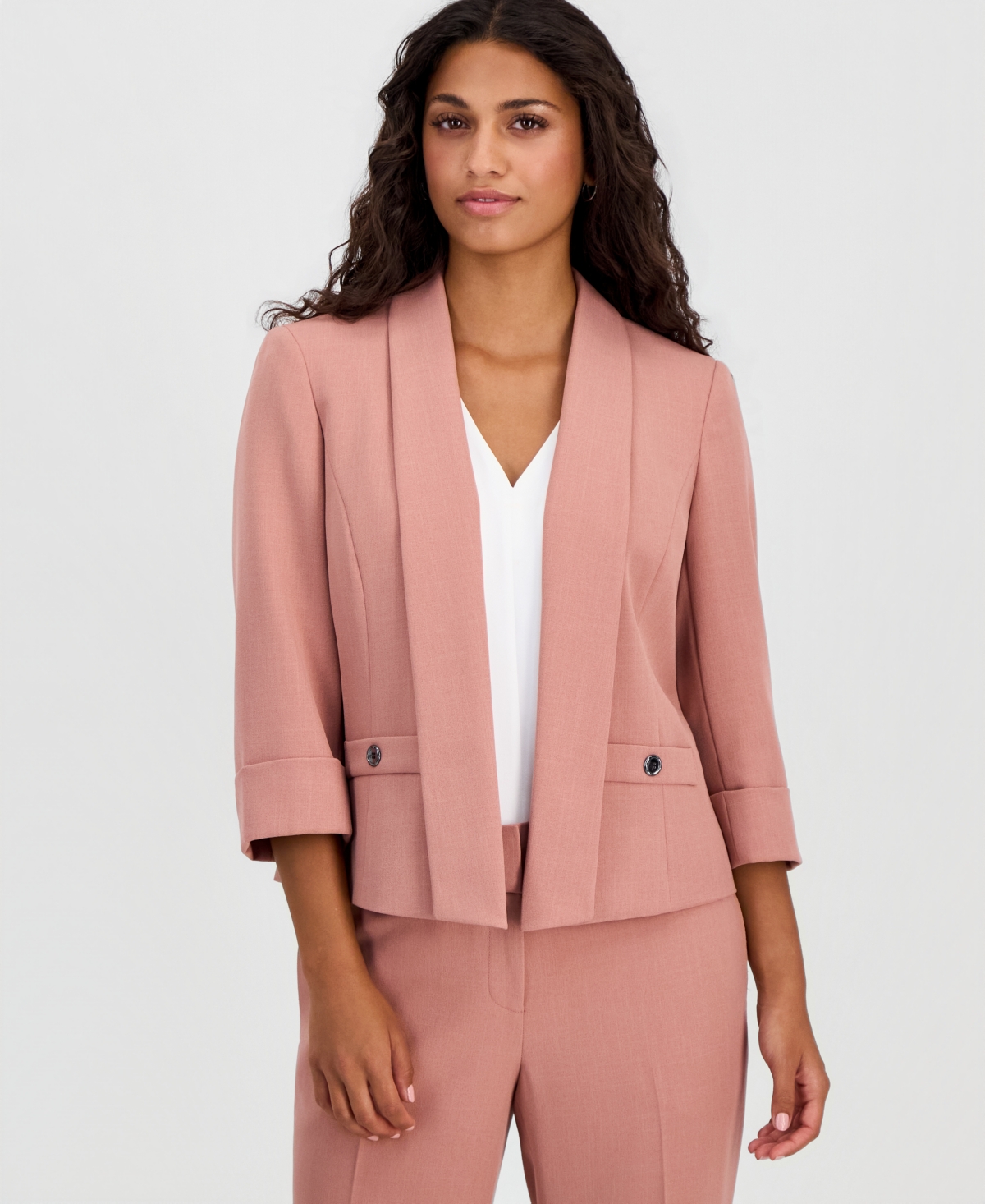 Click here for Kasper Petite Shawl Collar Open-Front Jacket - Tea... prices